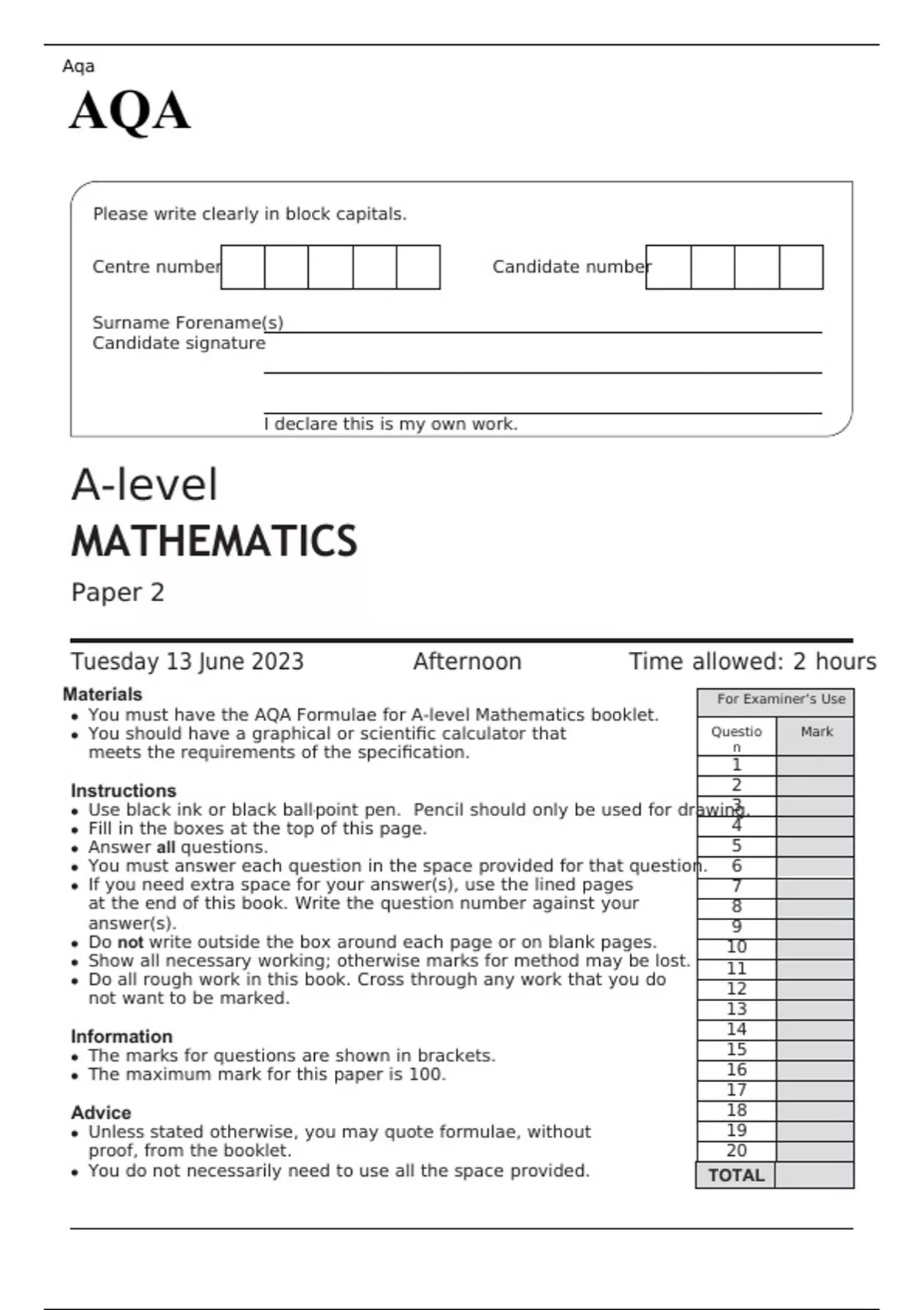 AQA A-level MATHEMATICS Paper 2 JUNE 2023 QUESTION PAPER - A-level ...