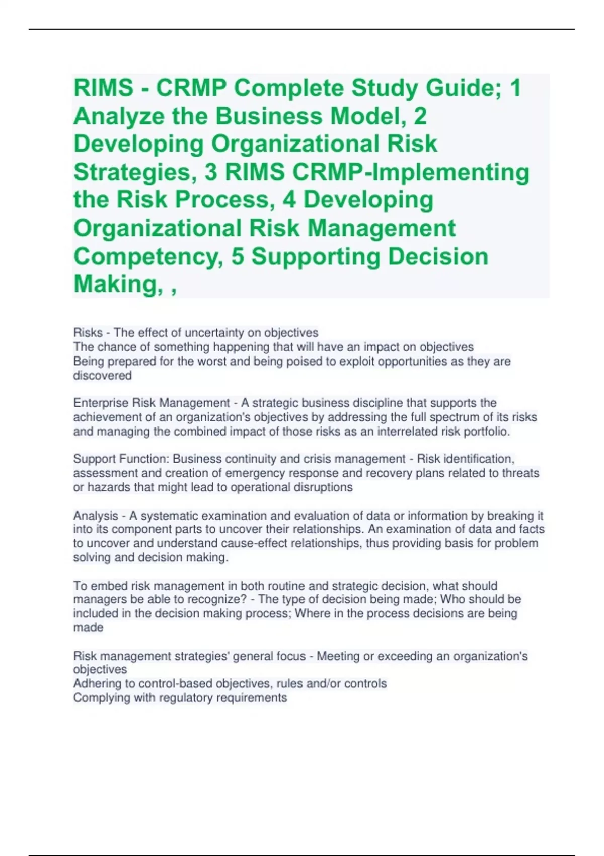 RIMS - CRMP Complete Study Guide; 1 Analyze the Business Model, 2 ...