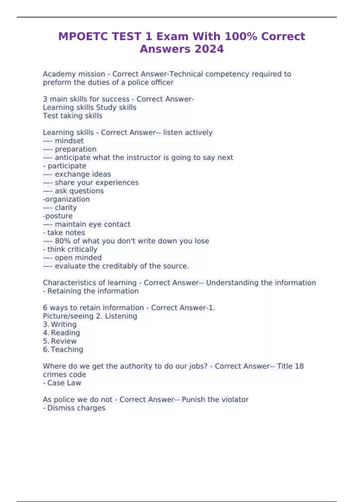 MPOETC TEST 1 Exam With 100% Correct Answers 2024 - MPOETC - Stuvia US