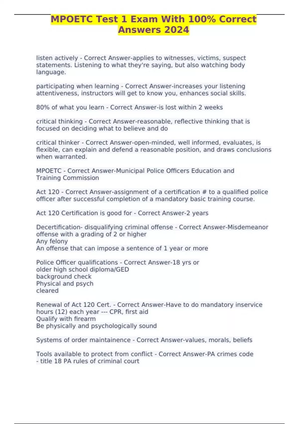 MPOETC Test 1 Exam With 100% Correct Answers 2024 - MPOETC - Stuvia US