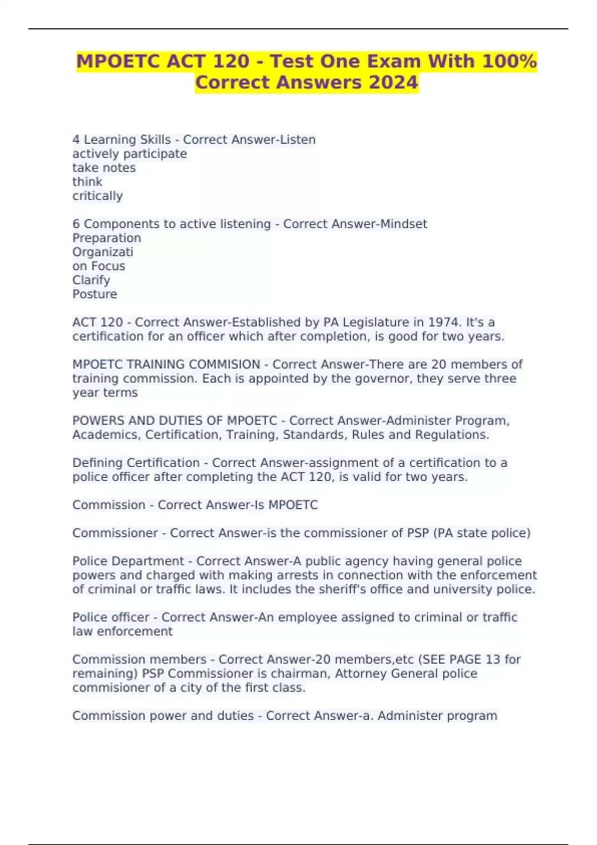 MPOETC ACT 120 - Test One Exam With 100% Correct Answers 2024 - MPOETC ...