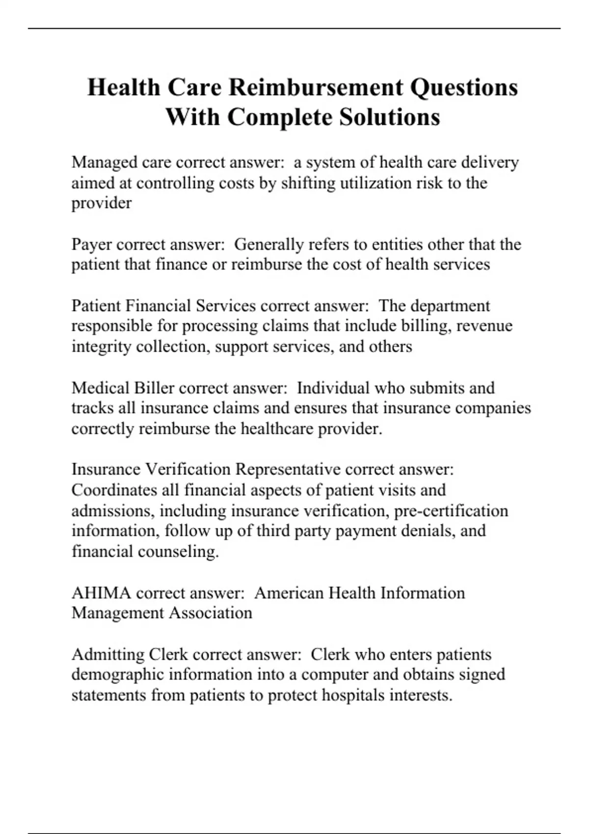 Health Care Reimbursement Questions With Complete Solutions - Health ...