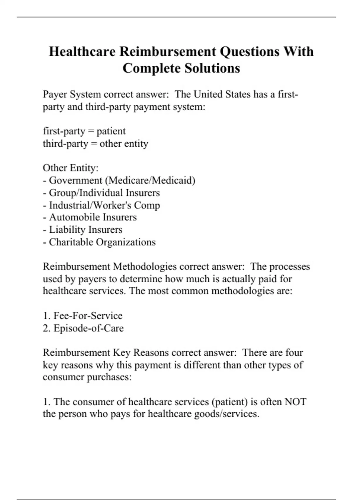 Healthcare Reimbursement Questions With Complete Solutions ...