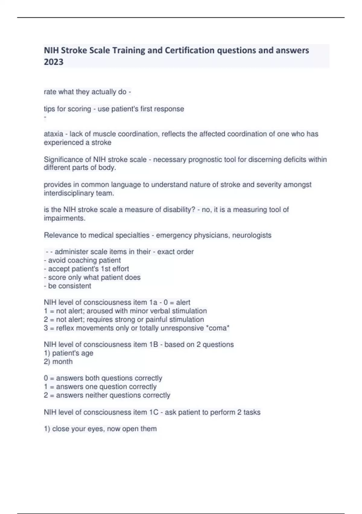 NIH Stroke Scale Training and Certification questions and answers 2023 ...