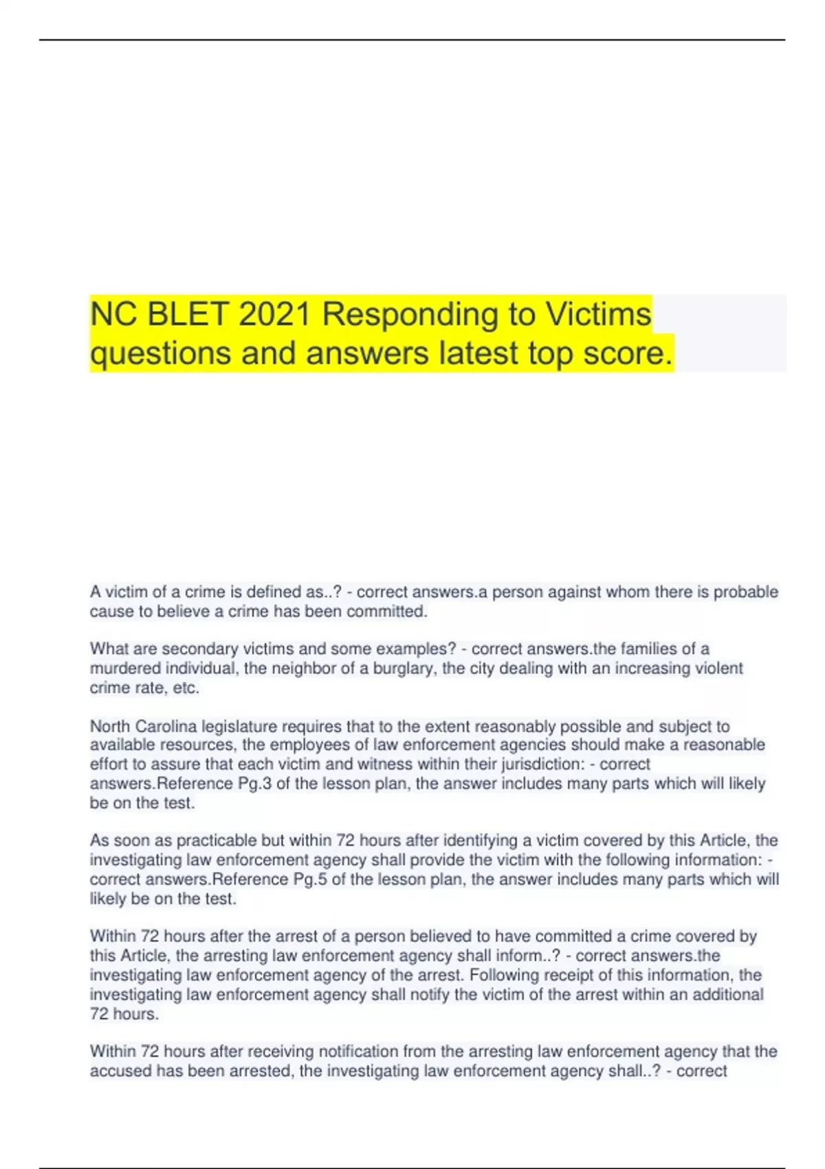 NC BLET 2021 Responding to Victims questions and answers latest top ...