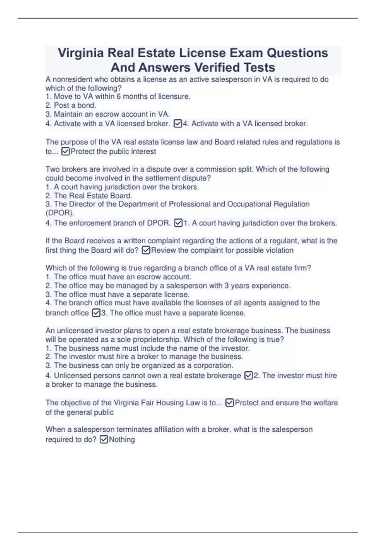 Virginia Real Estate License Exam Questions And Answers Verified Tests ...