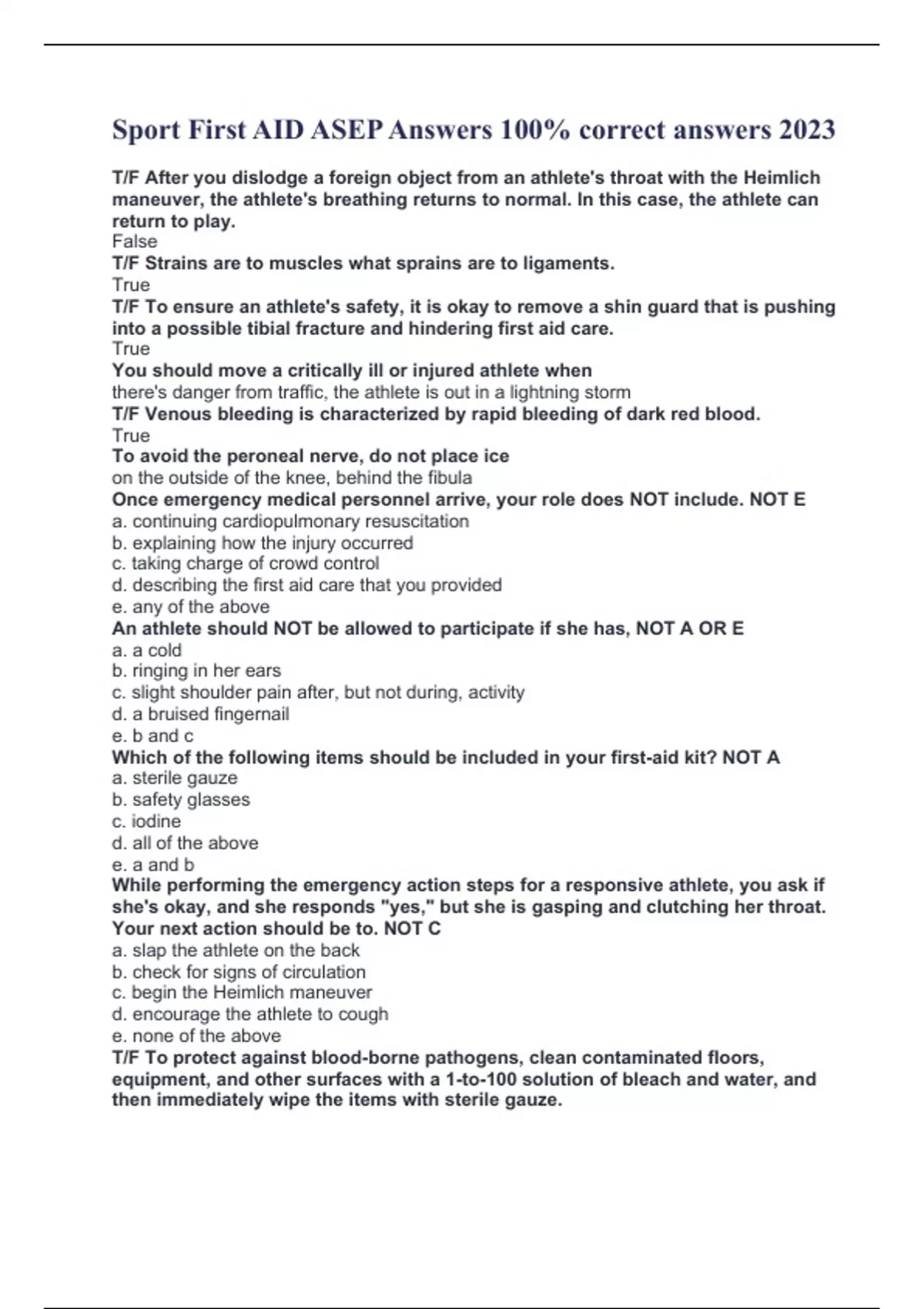 Sport First AID ASEP Answers 100% correct answers 2023 - ASEP - Stuvia US