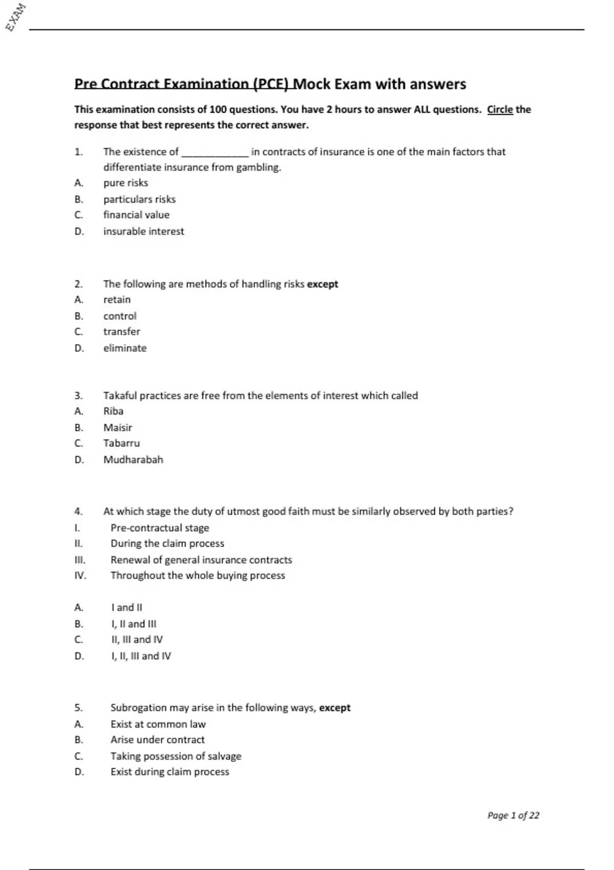 Pre Contract Examination (PCE) Mock Exam with answers - PCE - Stuvia US