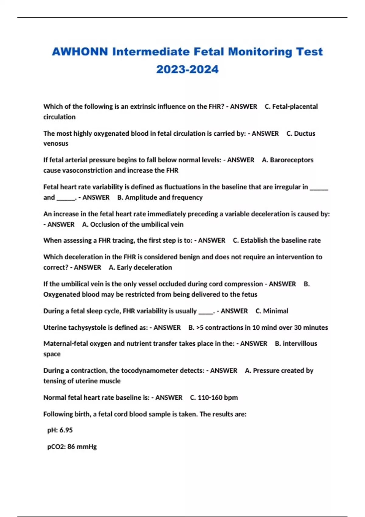 AWHONN Intermediate Fetal Monitoring Test - AWHONN Intermediate Fetal ...