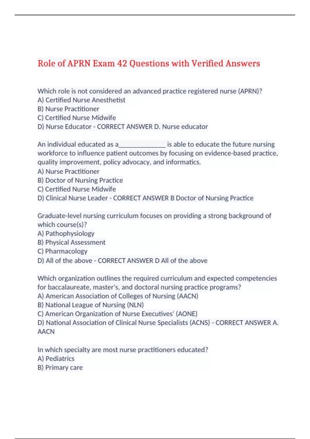 Role of APRN Exam 42 Questions with Verified Answers,100% CORRECT ...