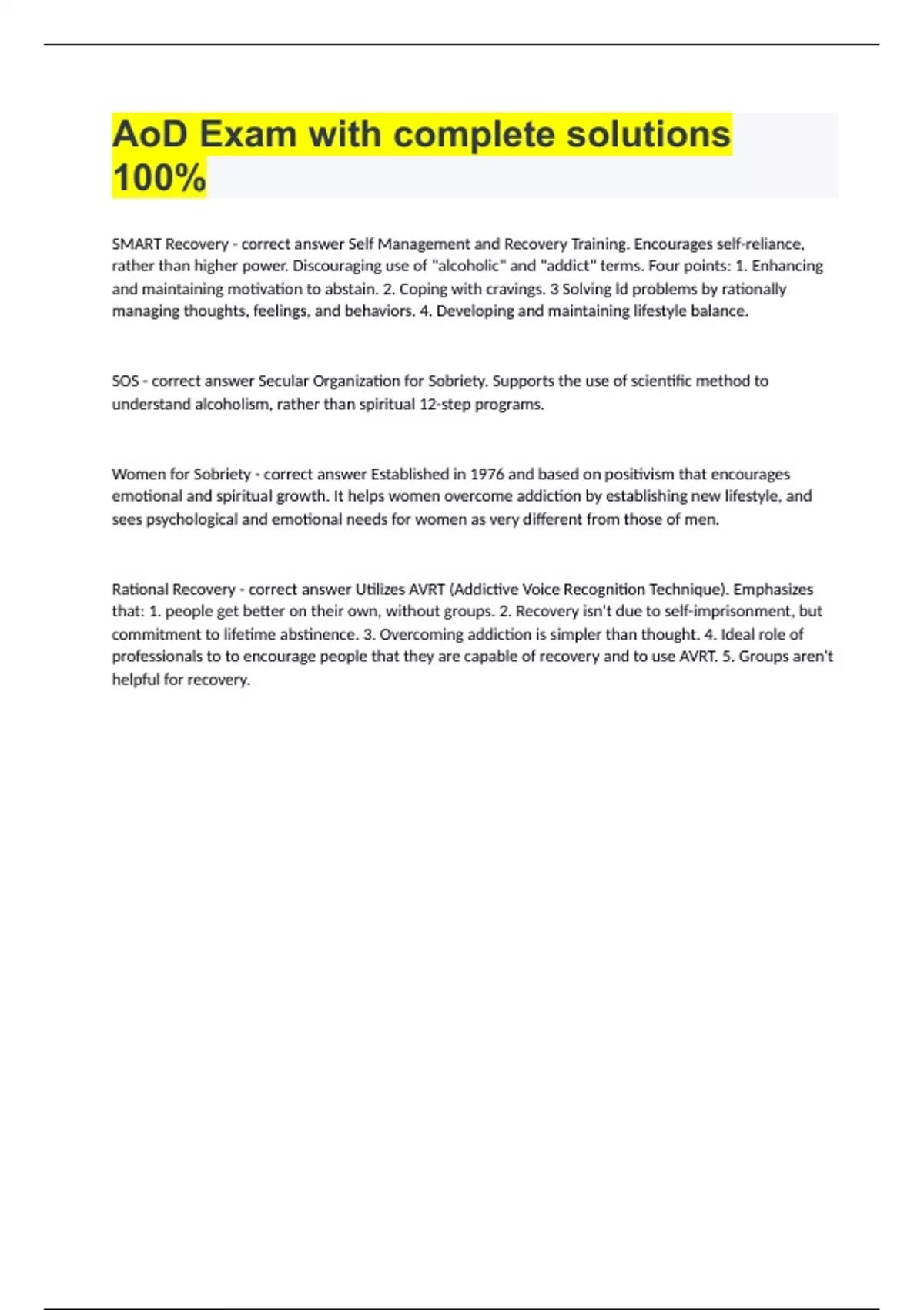 AoD Exam with complete solutions 100% - AOD COUNSELOR - Stuvia US