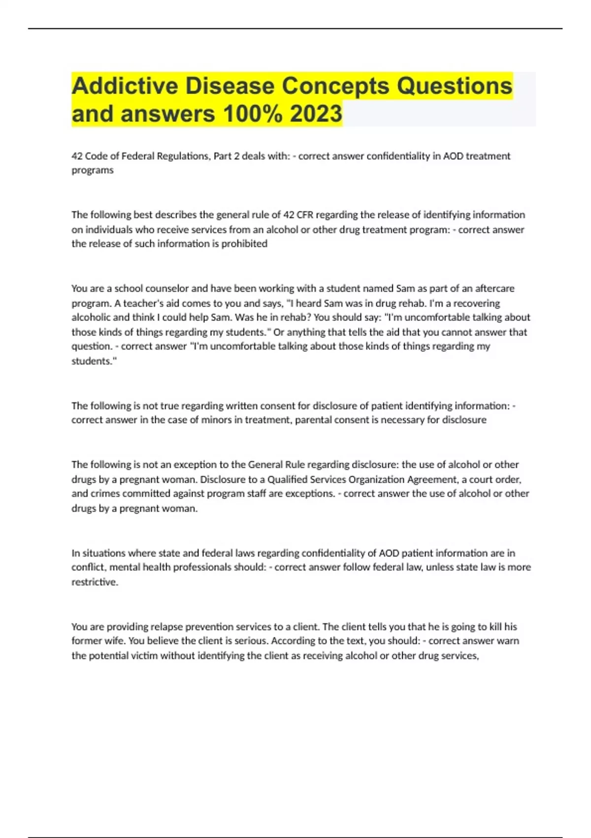 Addictive Disease Concepts Questions and answers 100% 2023 - AOD ...