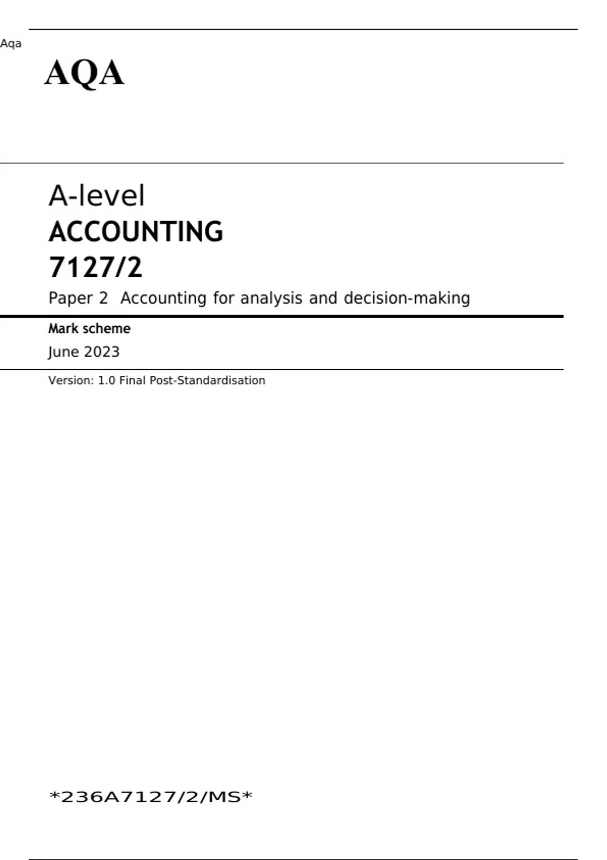 AQA A-level ACCOUNTING Paper 1 and 2 JUNE 2023 QUESTION PAPERS AND MARK ...