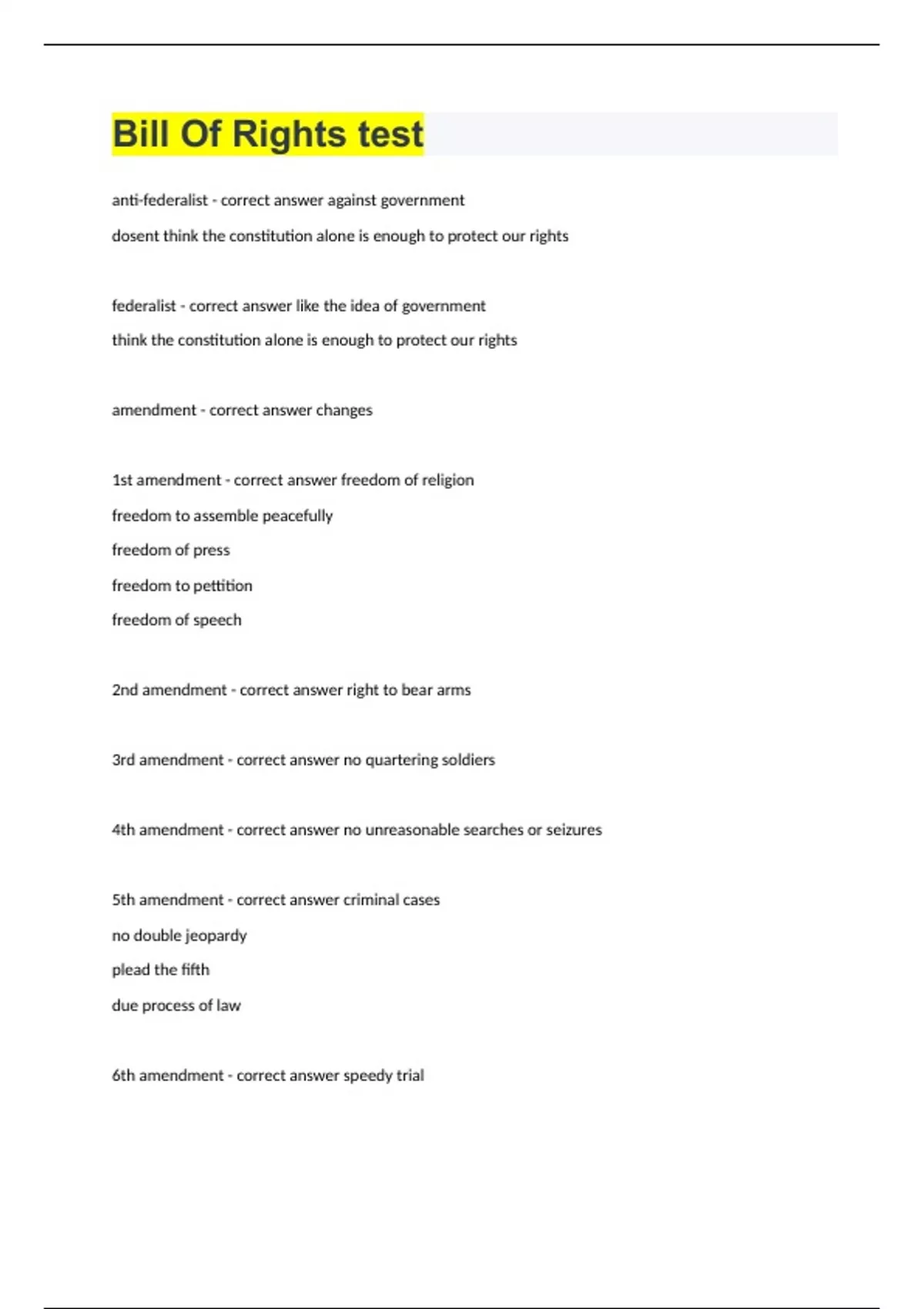 Bill Of Rights test - American Government- Bill of Rights - Stuvia US