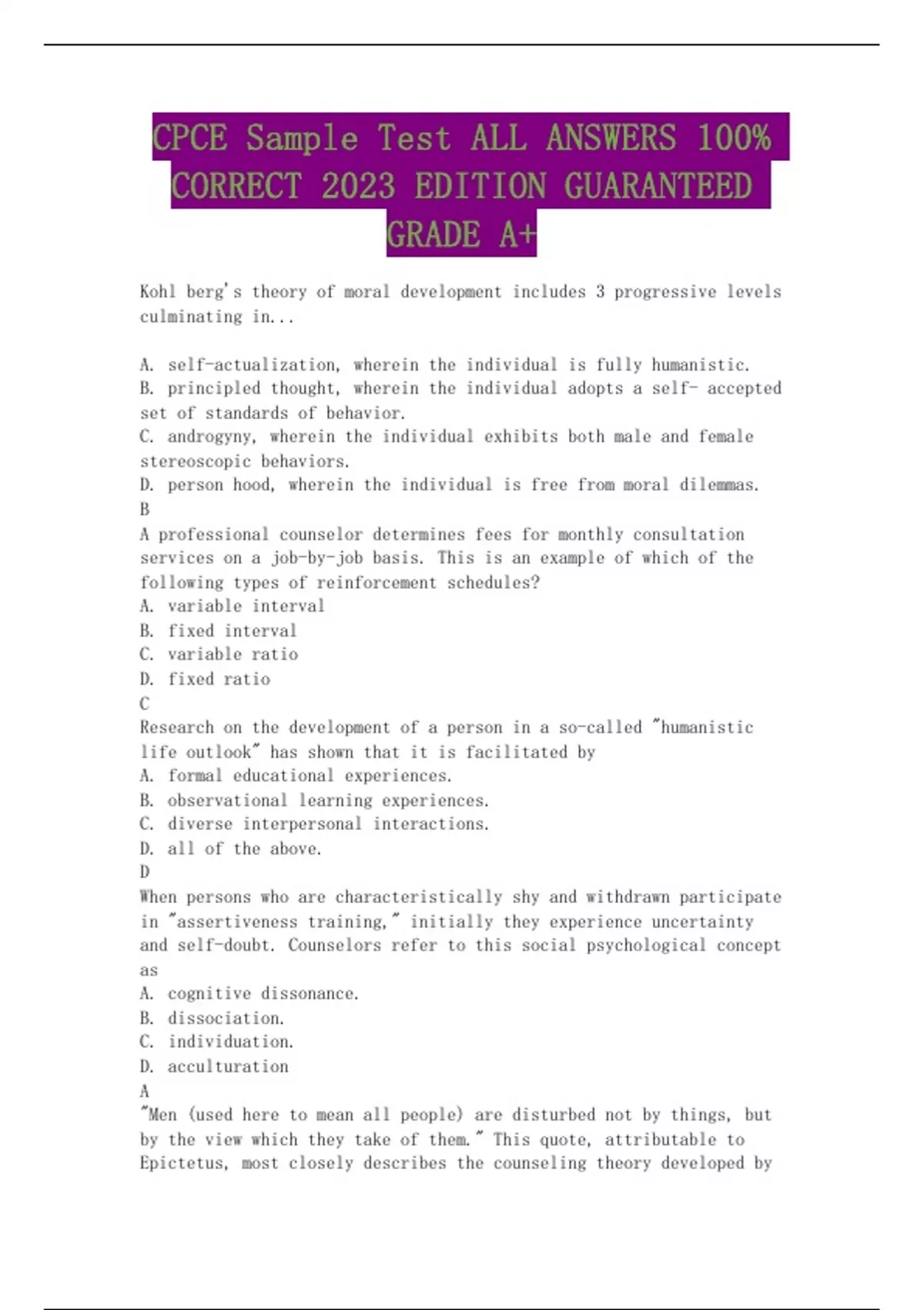 CPCE Sample Test ALL ANSWERS 100% CORRECT 2023 EDITION GUARANTEED GRADE ...