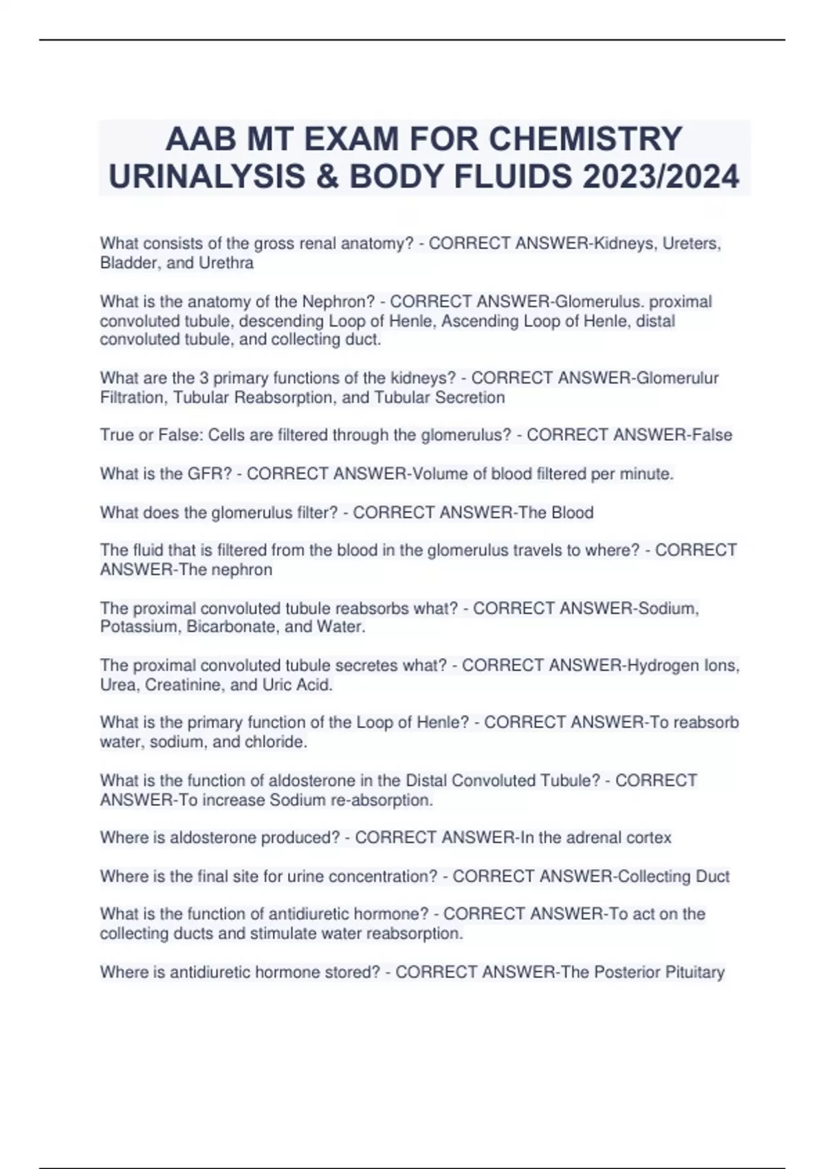 AAB MT EXAM FOR CHEMISTRY URINALYSIS & BODY FLUIDS 2023/2024 ...
