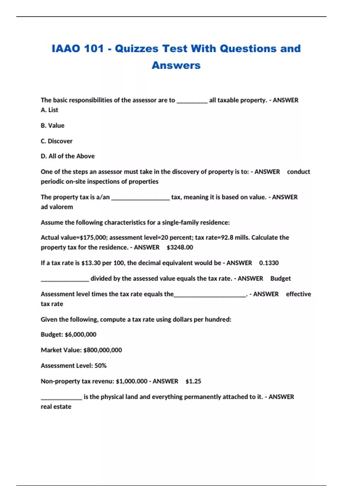 IAAO 101 - Quizzes Test With Questions and Answers - IAAO 101 - Stuvia US