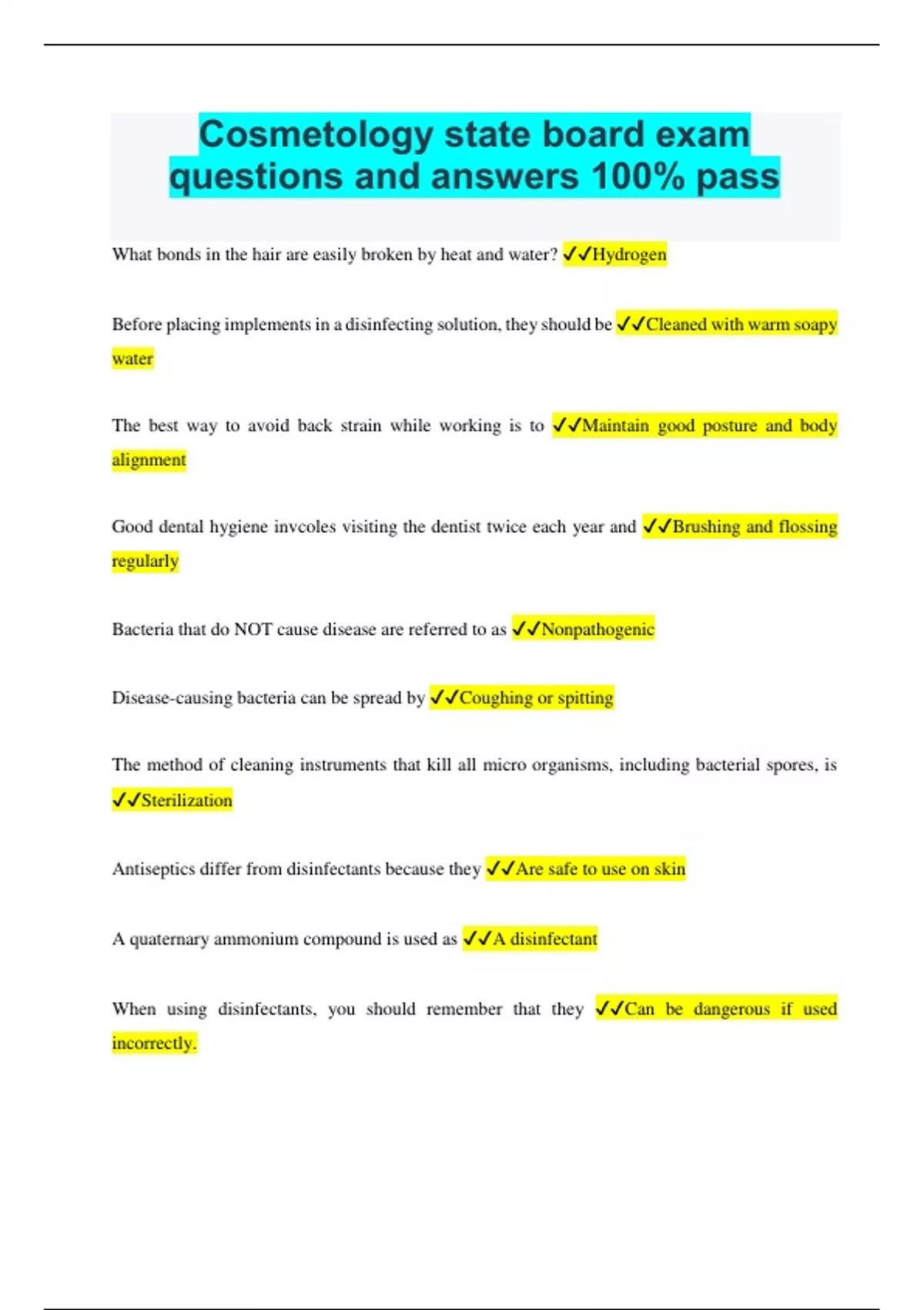 Cosmetology state board exam questions and answers 100% pass ...