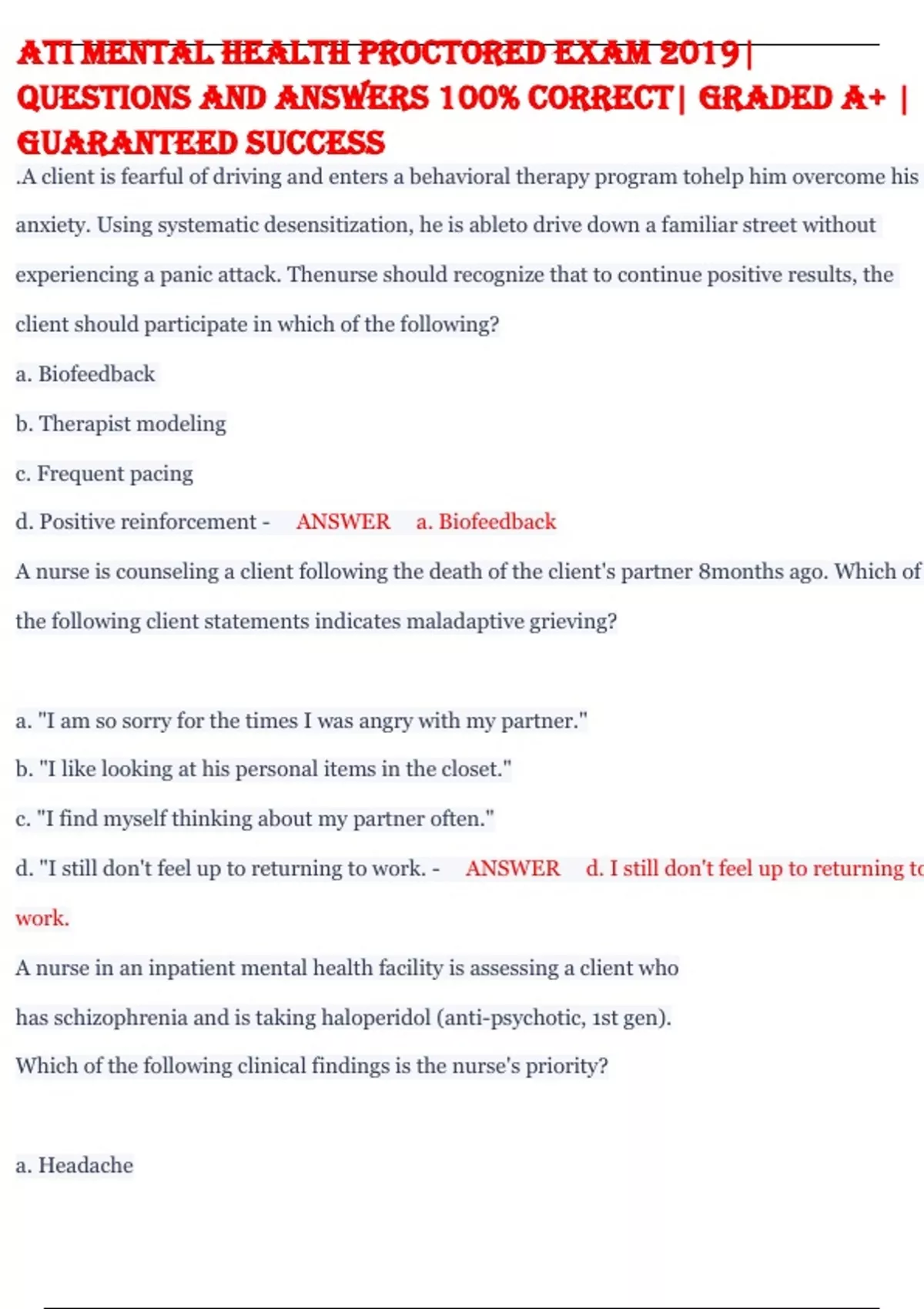 ATI mental health proctored exam 2019| QUESTIONS AND ANSWERS 100% CORRECT| GRADED A+ ...