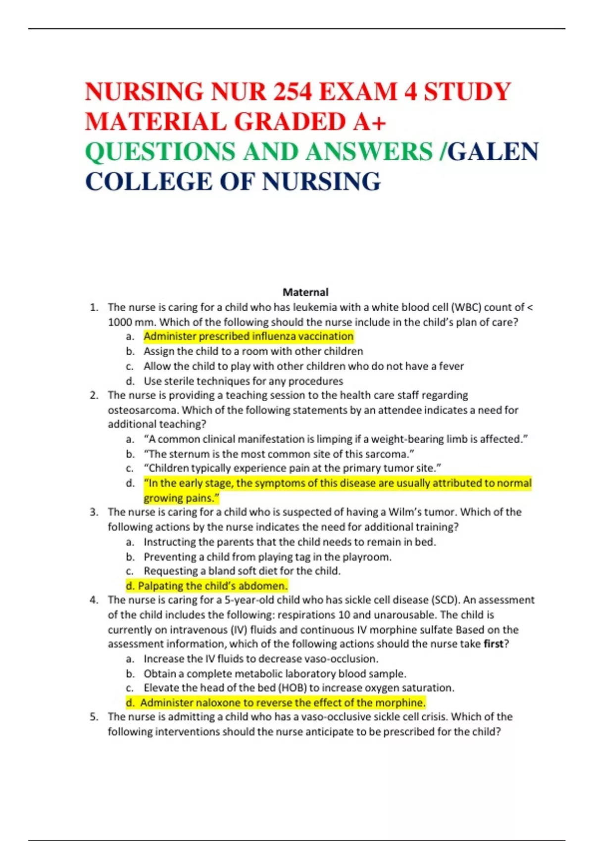 NURSING NUR 254 EXAM 4 STUDY MATERIAL GRADED A+ QUESTIONS AND ANSWERS ...