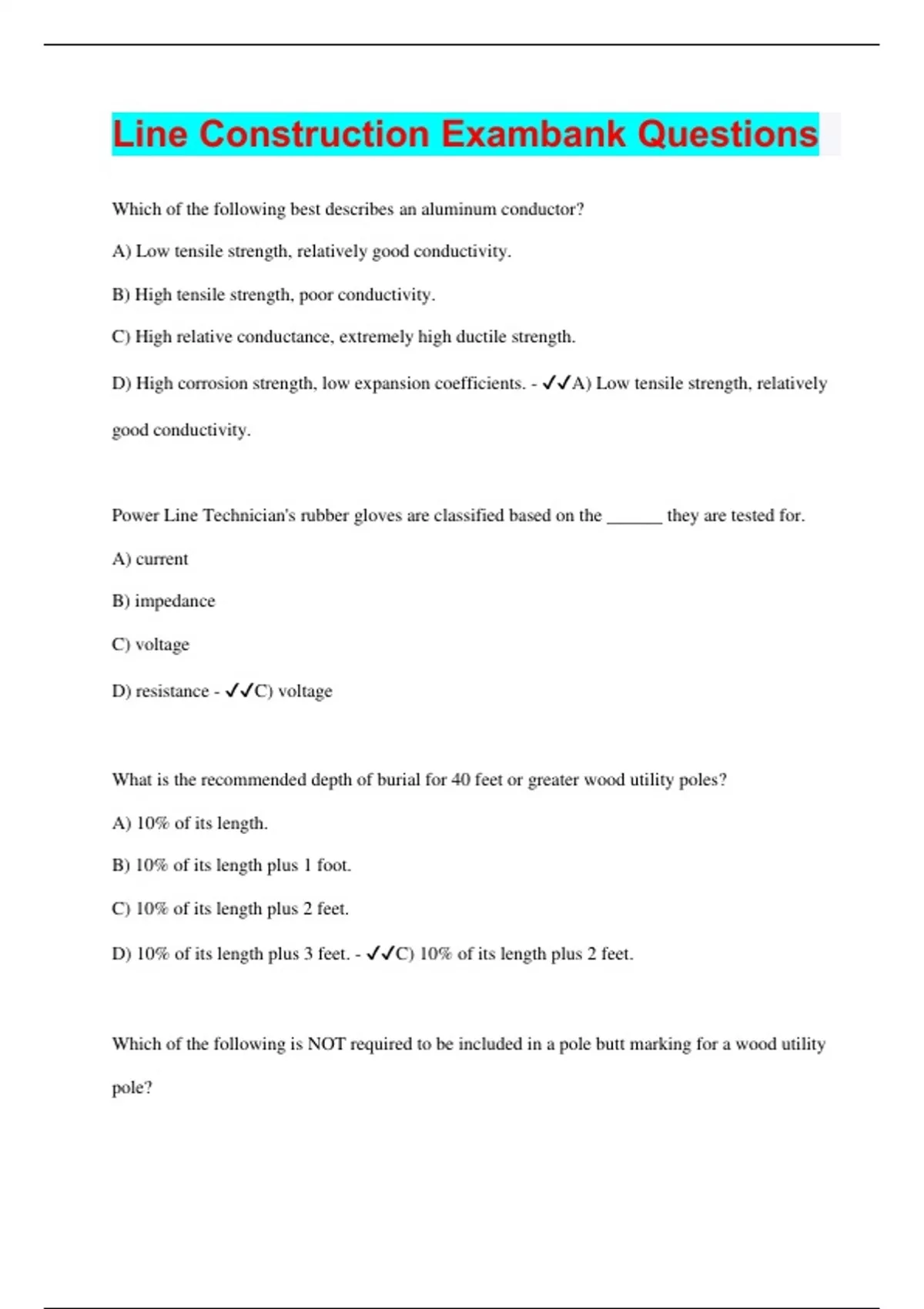 Line Construction Exambank | Questions with 100% Correct Answers ...