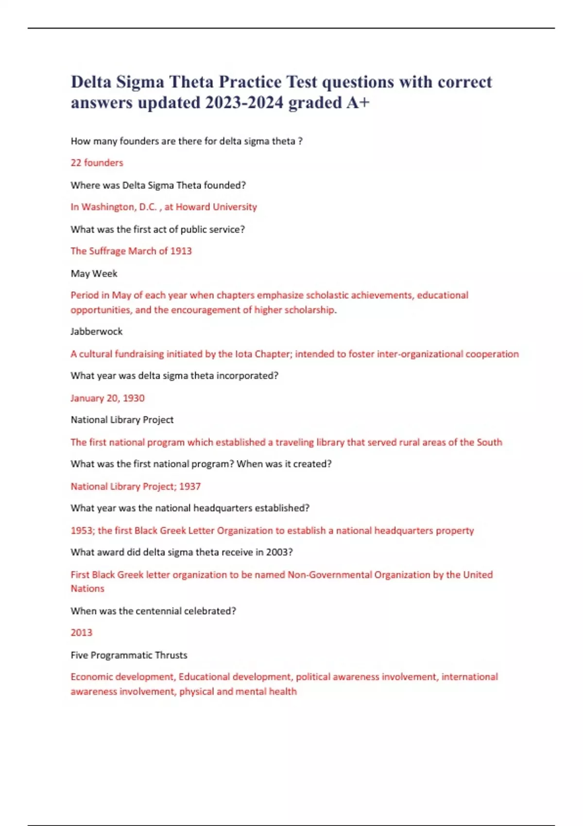 Delta Sigma Theta Practice Test questions with correct answers updated ...