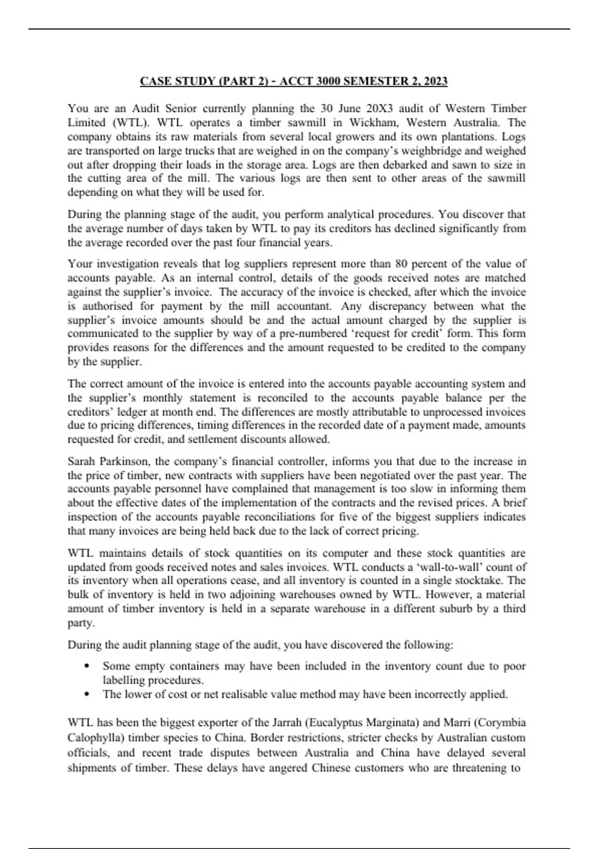 Auditing, Assurance and RIsk Assessment Case Study Part 2023 - ACCT3001 ...