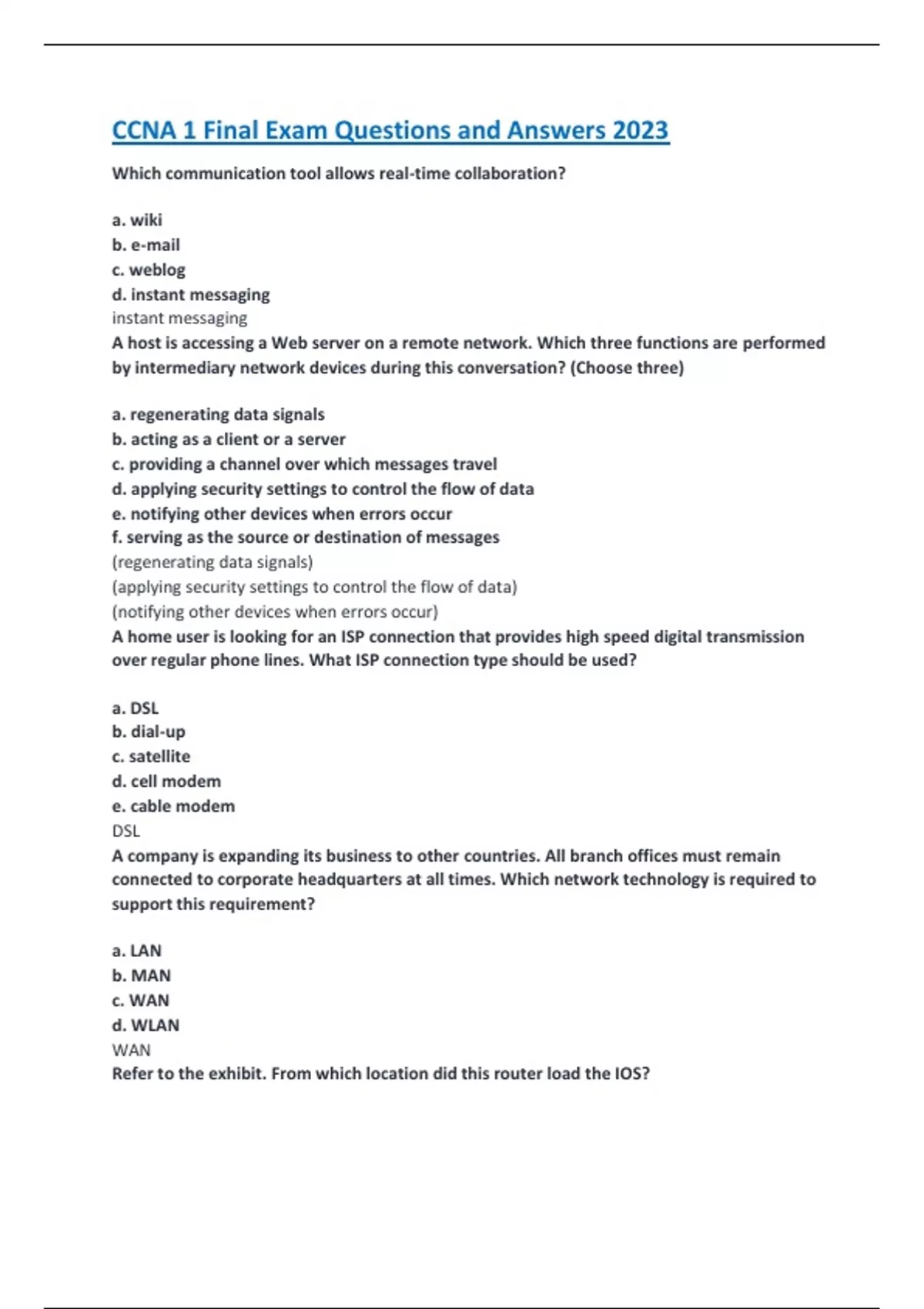 CCNA Practice Final Exam 1 Questions and Answers 2022/2023 - Stuvia US