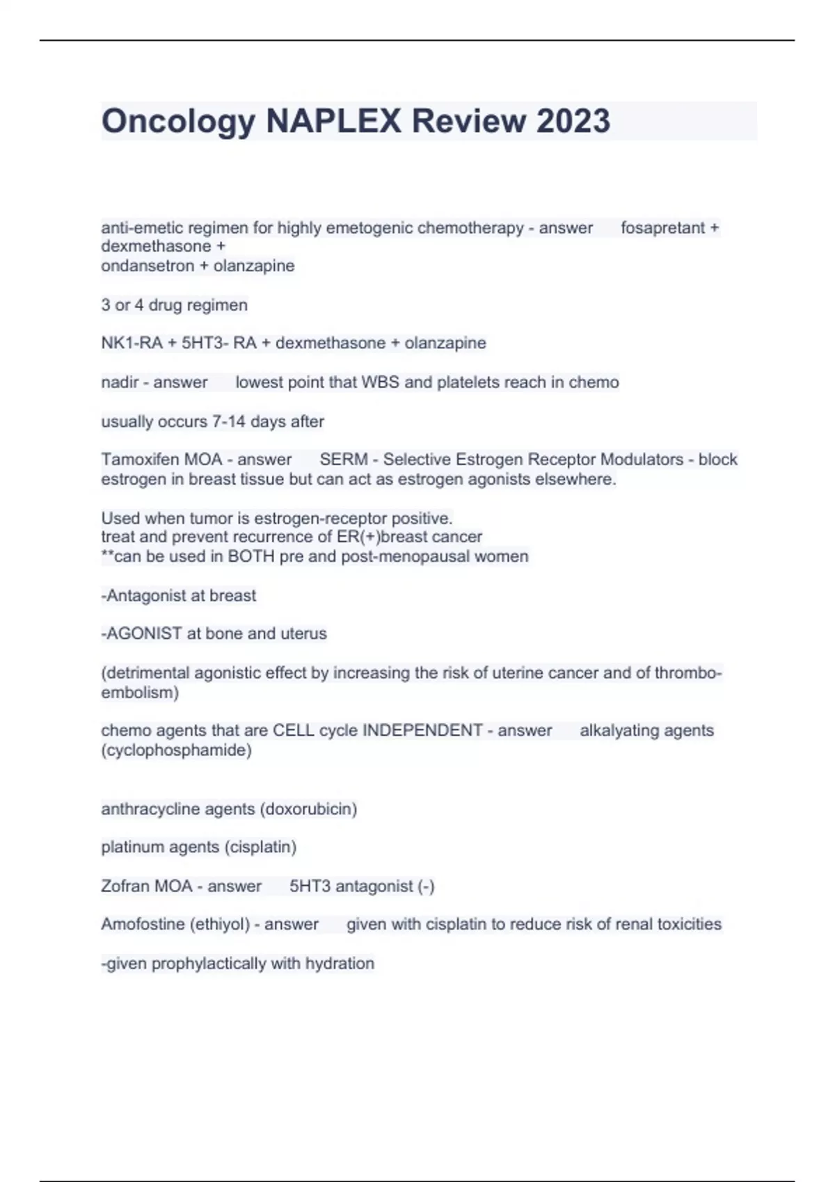 Oncology NAPLEX Review 2023 Questions with correct Answers 2023 ...