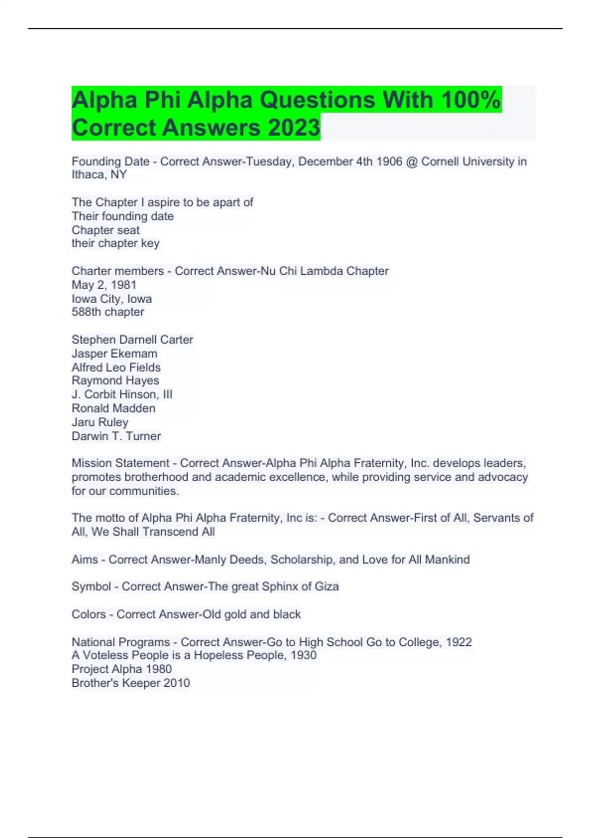 Alpha Phi Alpha Questions With 100% Correct Answers 2023 - Stuvia UK