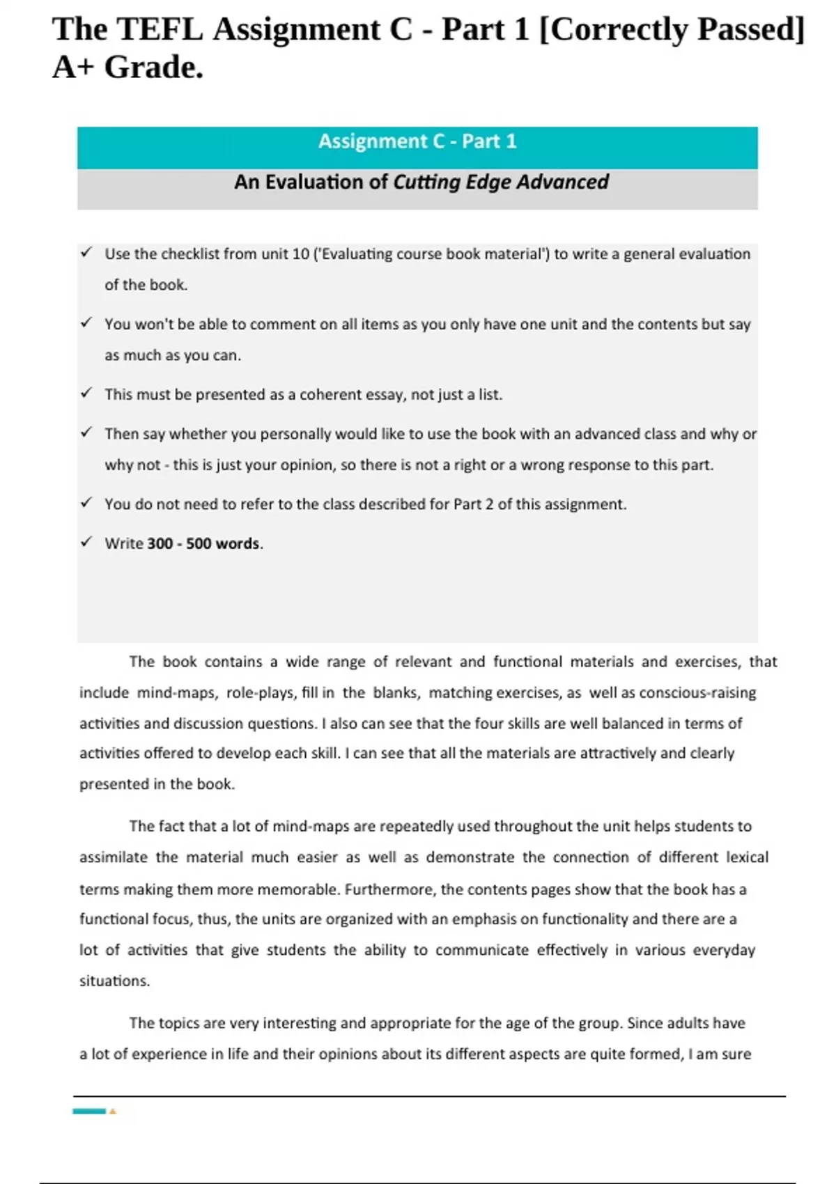 The TEFL ACADEMY Assignment C - Part 1 [Correctly Passed] A+ Grade. - TEFL ACADEMY Level 5 ...