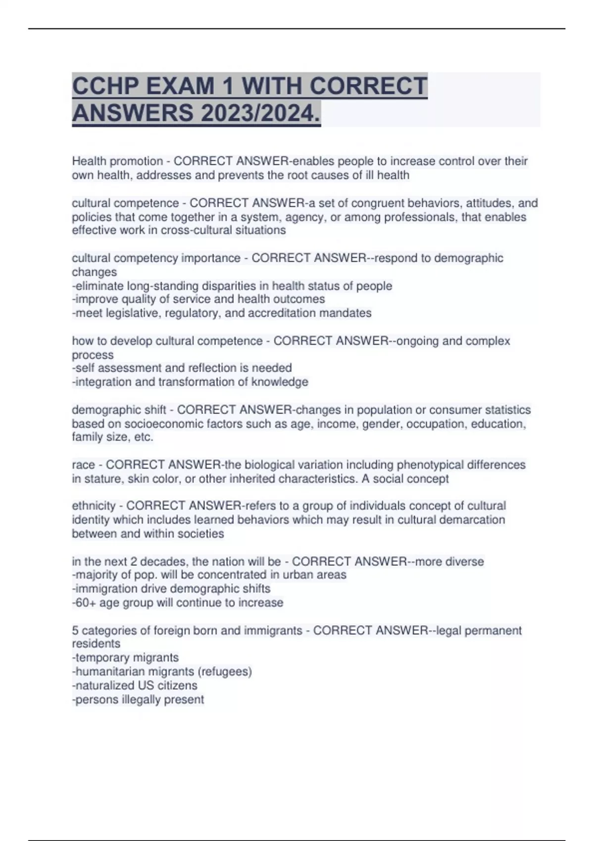 CCHP EXAM 1 WITH CORRECT ANSWERS 2023/2024. - CCHP - Stuvia US