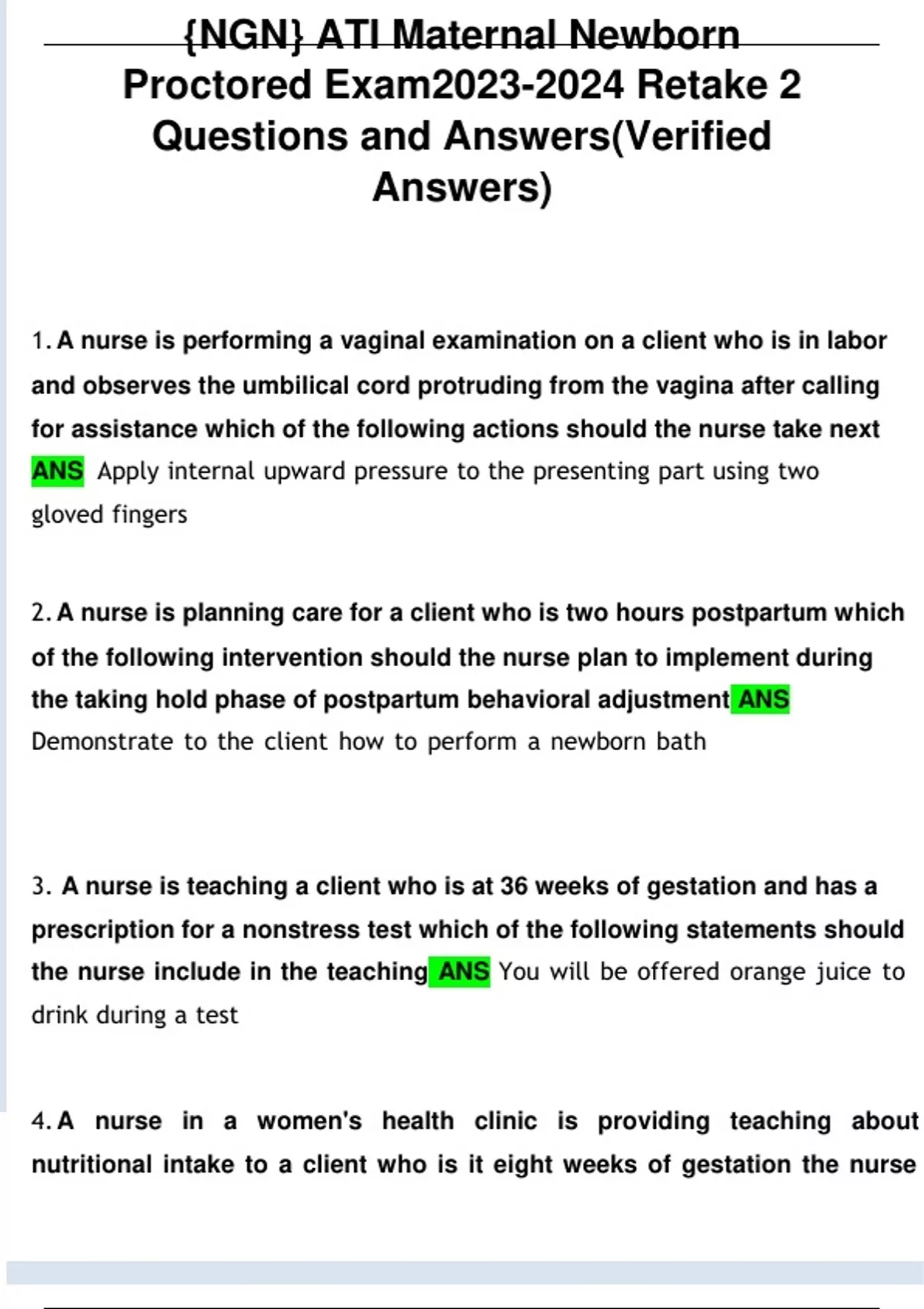 {NGN} ATI Maternal Newborn Proctored Exam Retake 2 Questions and Answers(Verified Answers ...