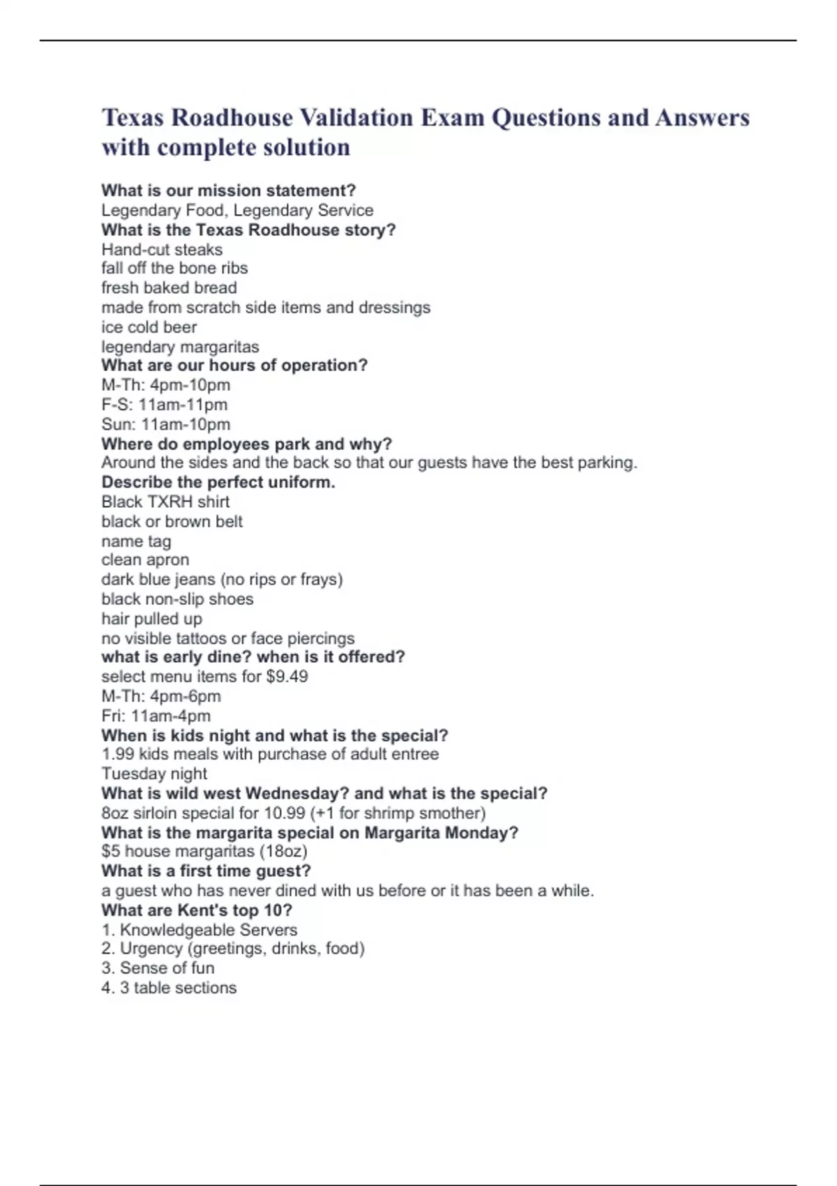 Texas Roadhouse Validation Exam Questions and Answers with complete solution - Texas Roadhouse ...