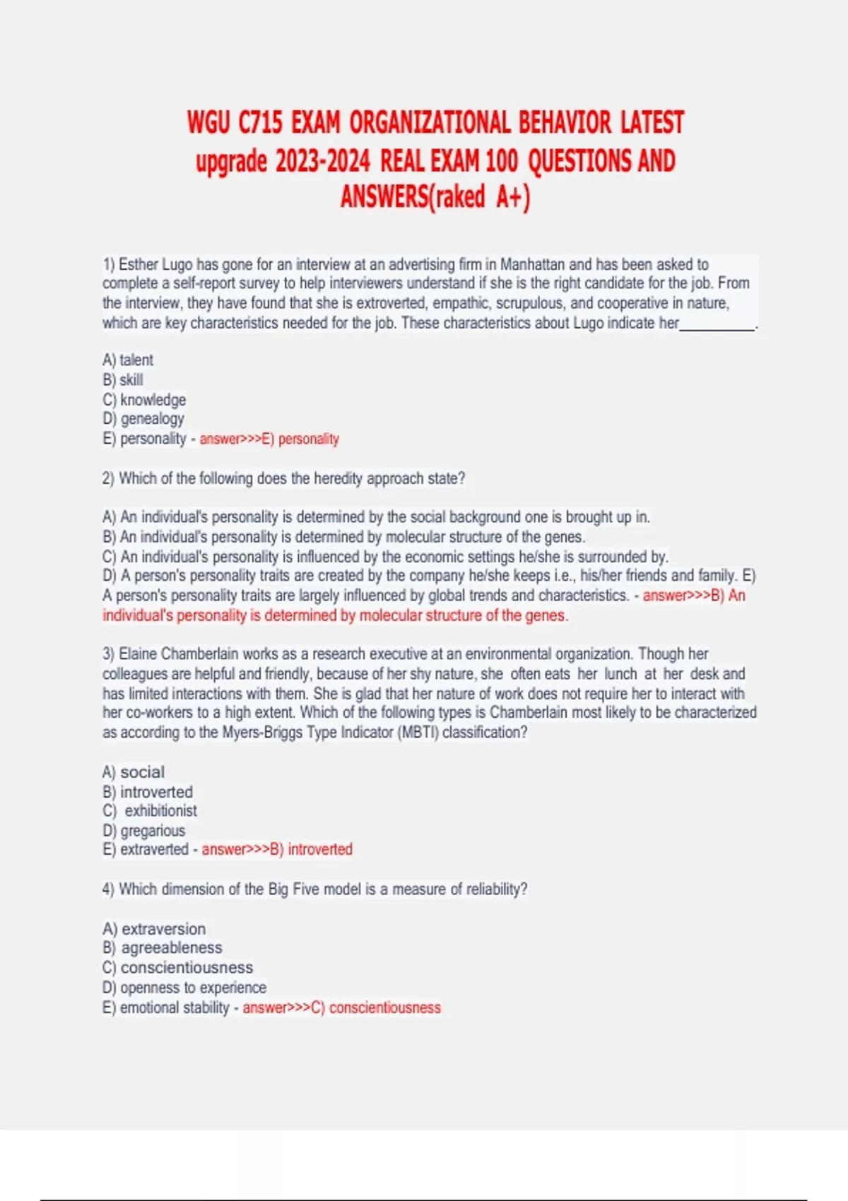 WGU C715 EXAM ORGANIZATIONAL BEHAVIOR LATEST upgrade REAL EXAM 100 ...