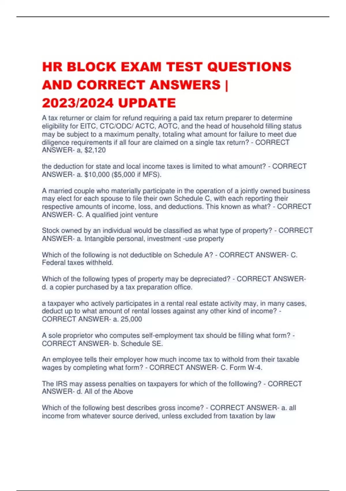 HR BLOCK EXAM TEST QUESTIONS AND CORRECT ANSWERS | 2023/2024 UPDATE ...
