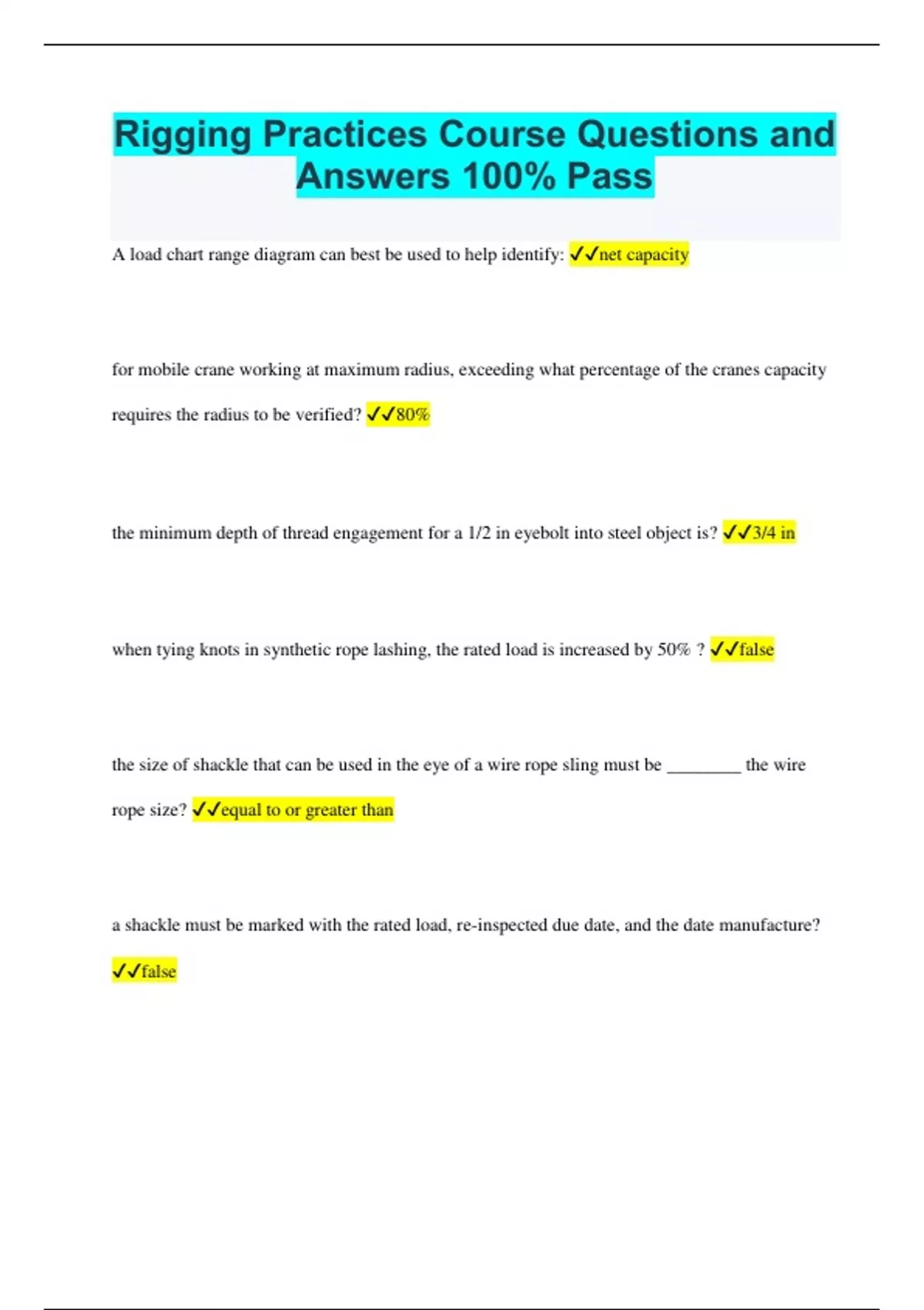 Rigging Practices Course Questions and Answers 100% Pass - Rigging ...