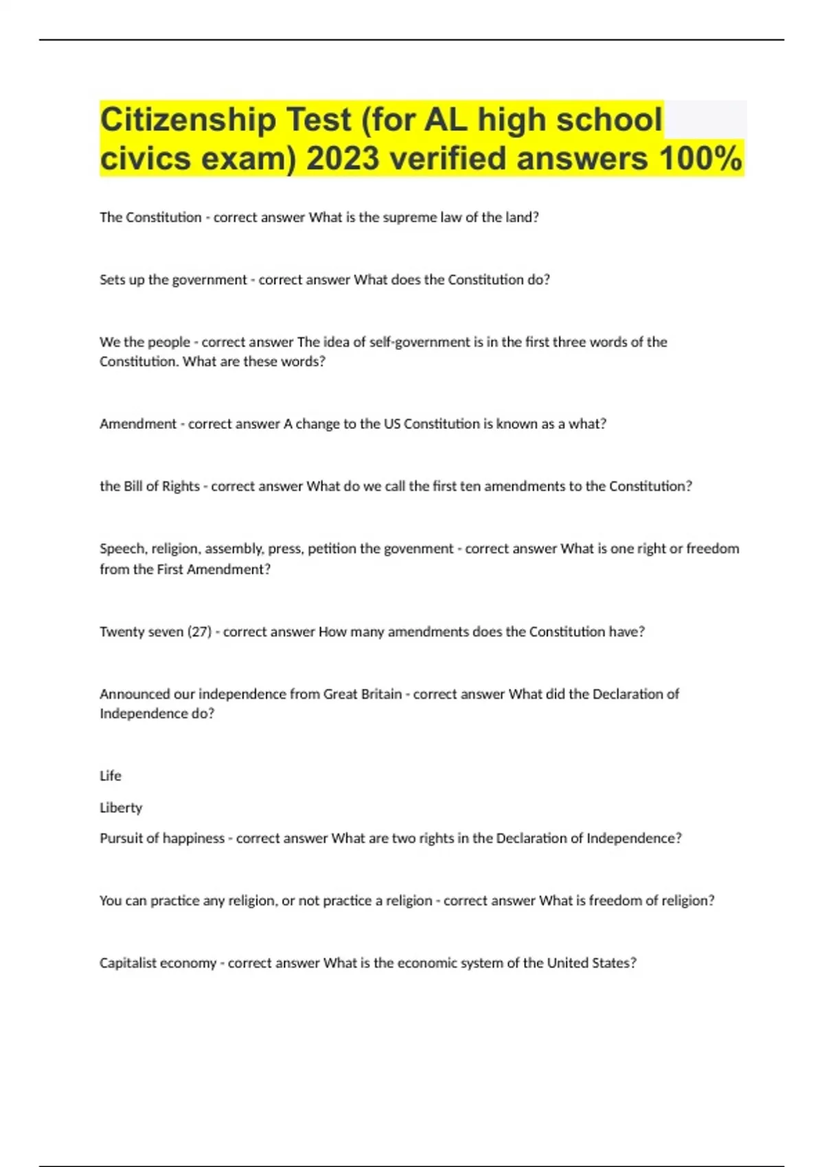 Citizenship Test (for AL high school civics exam) 2023 verified answers ...