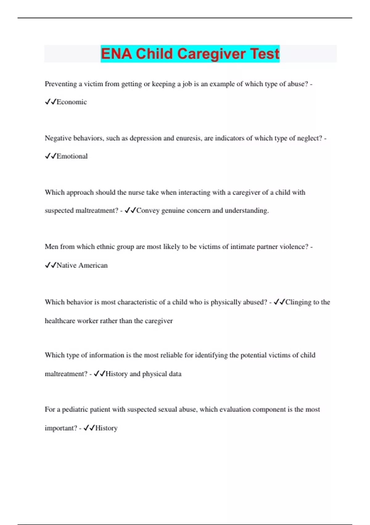 ENA Child Caregiver Test | Questions with 100% Correct Answers | Latest ...