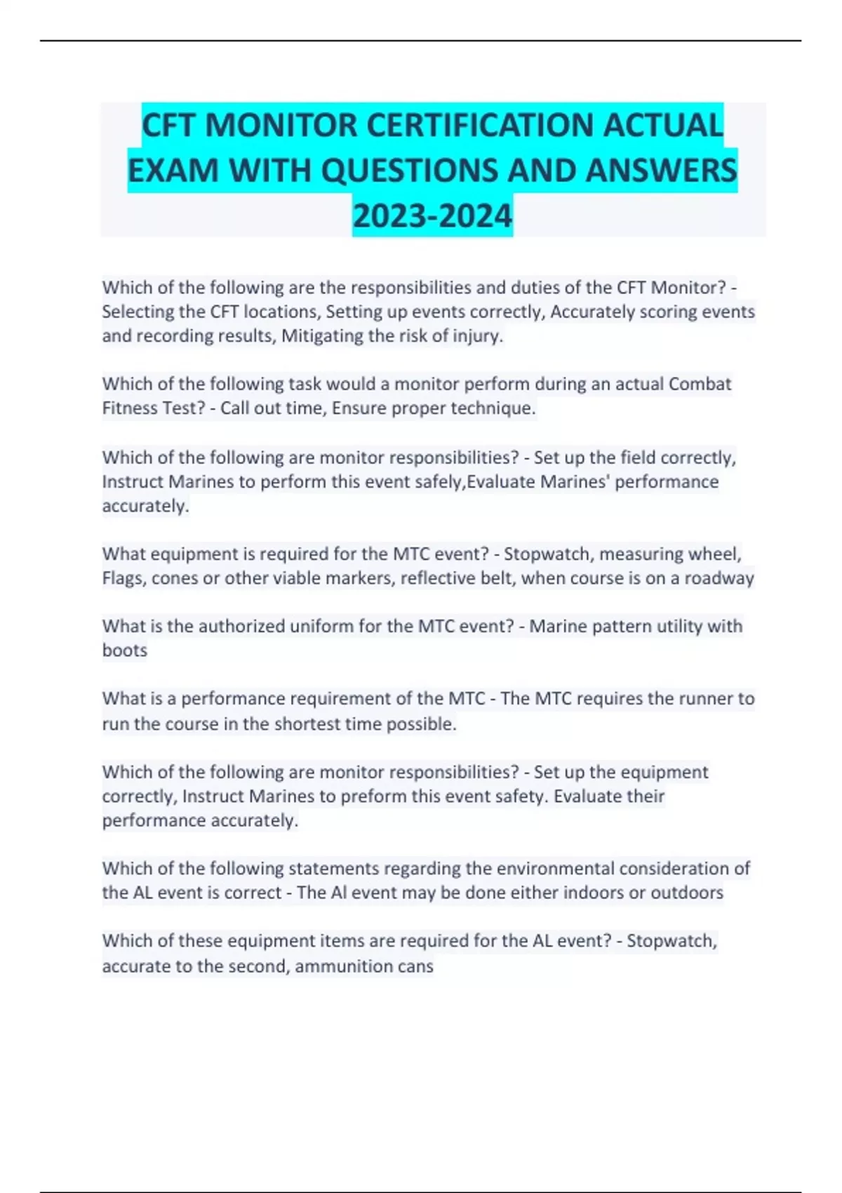 CFT MONITOR CERTIFICATION ACTUAL EXAM WITH QUESTIONS AND ANSWERS - CFT ...