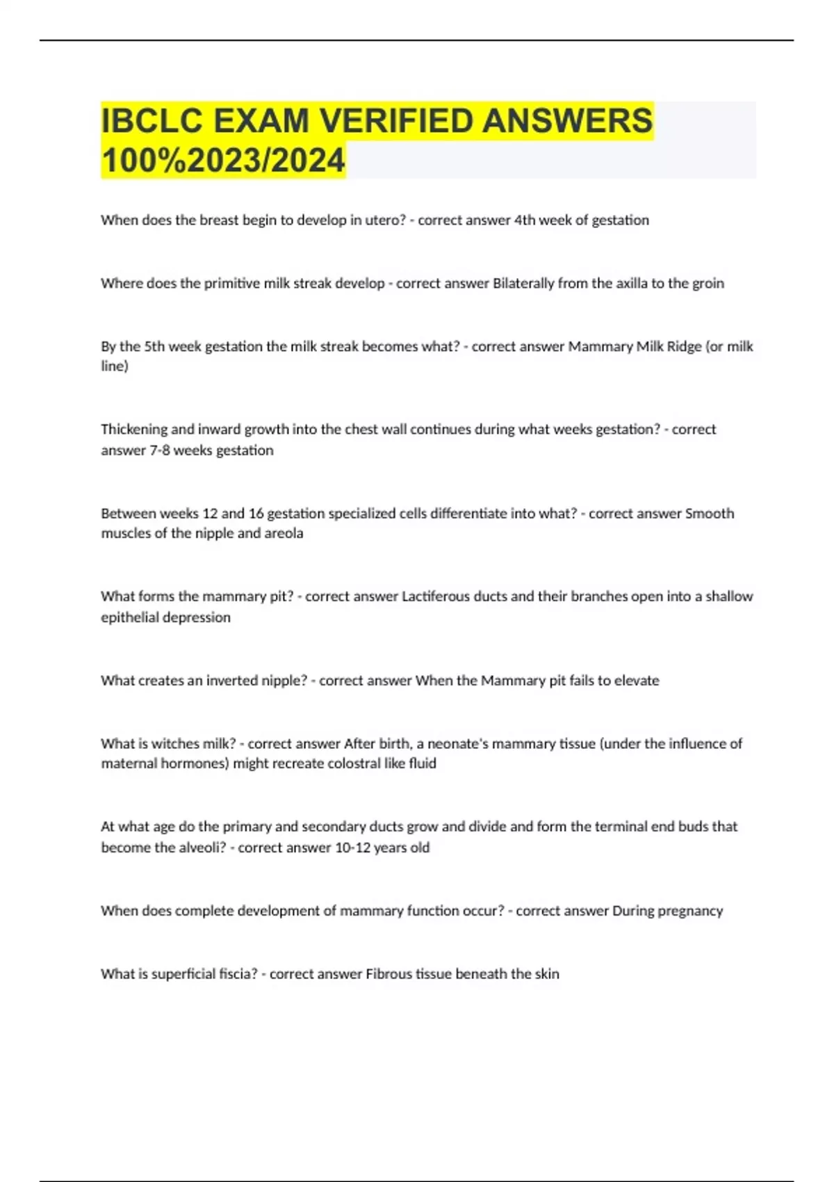 IBCLC EXAM VERIFIED ANSWERS 100%2023/2024 - IBCLE - Stuvia US