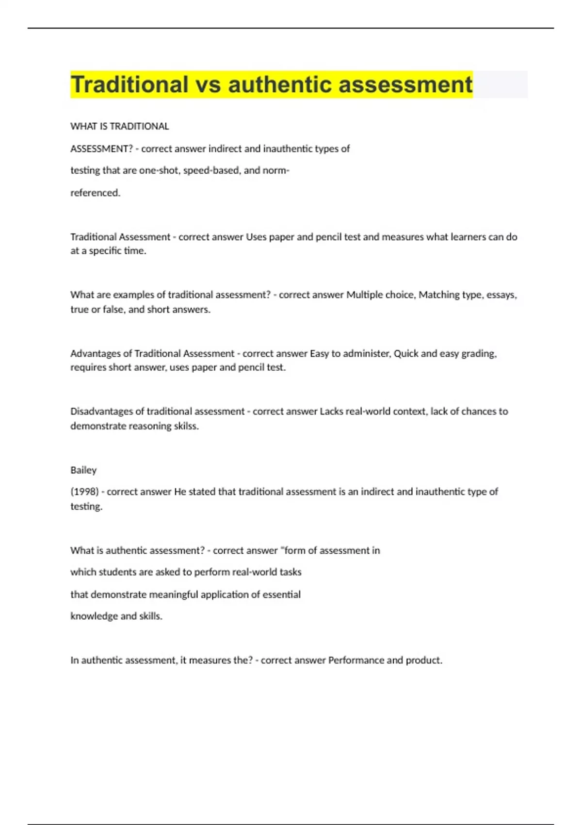 Traditional vs authentic assessment - Authentic Assessment - Stuvia US