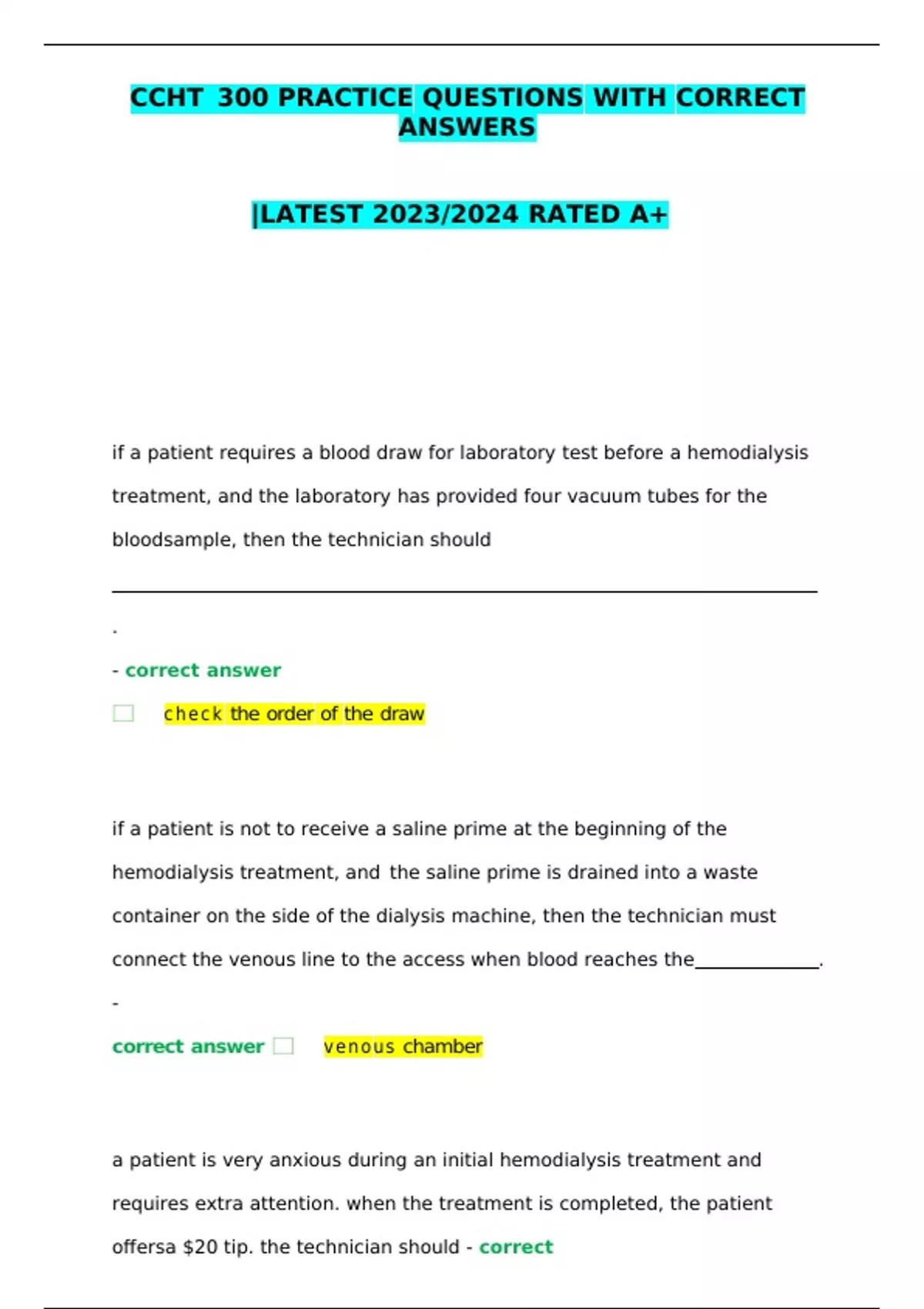 CCHT 300 PRACTICE QUESTIONS WITH CORRECT ANSWERS |LATEST 2023/2024 ...