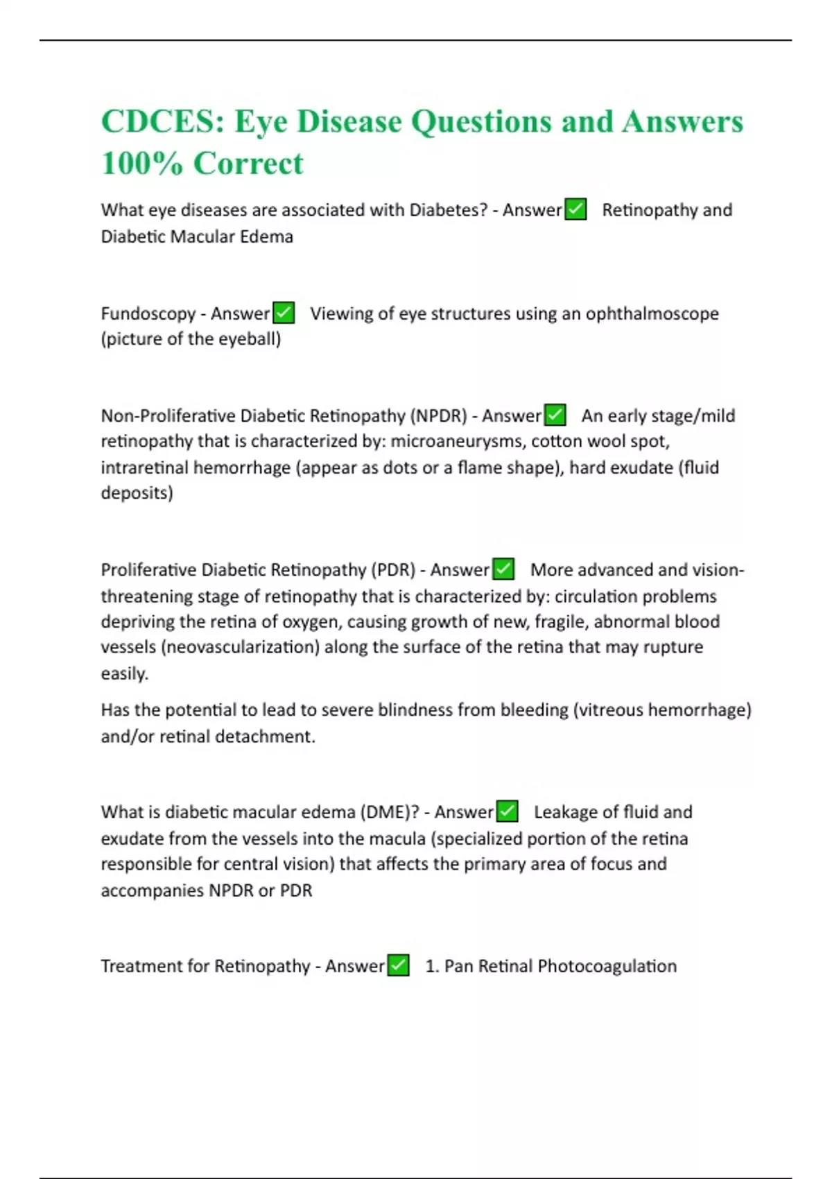 CDCES: Eye Disease Questions and Answers 100% Correct - CDCES - Stuvia US