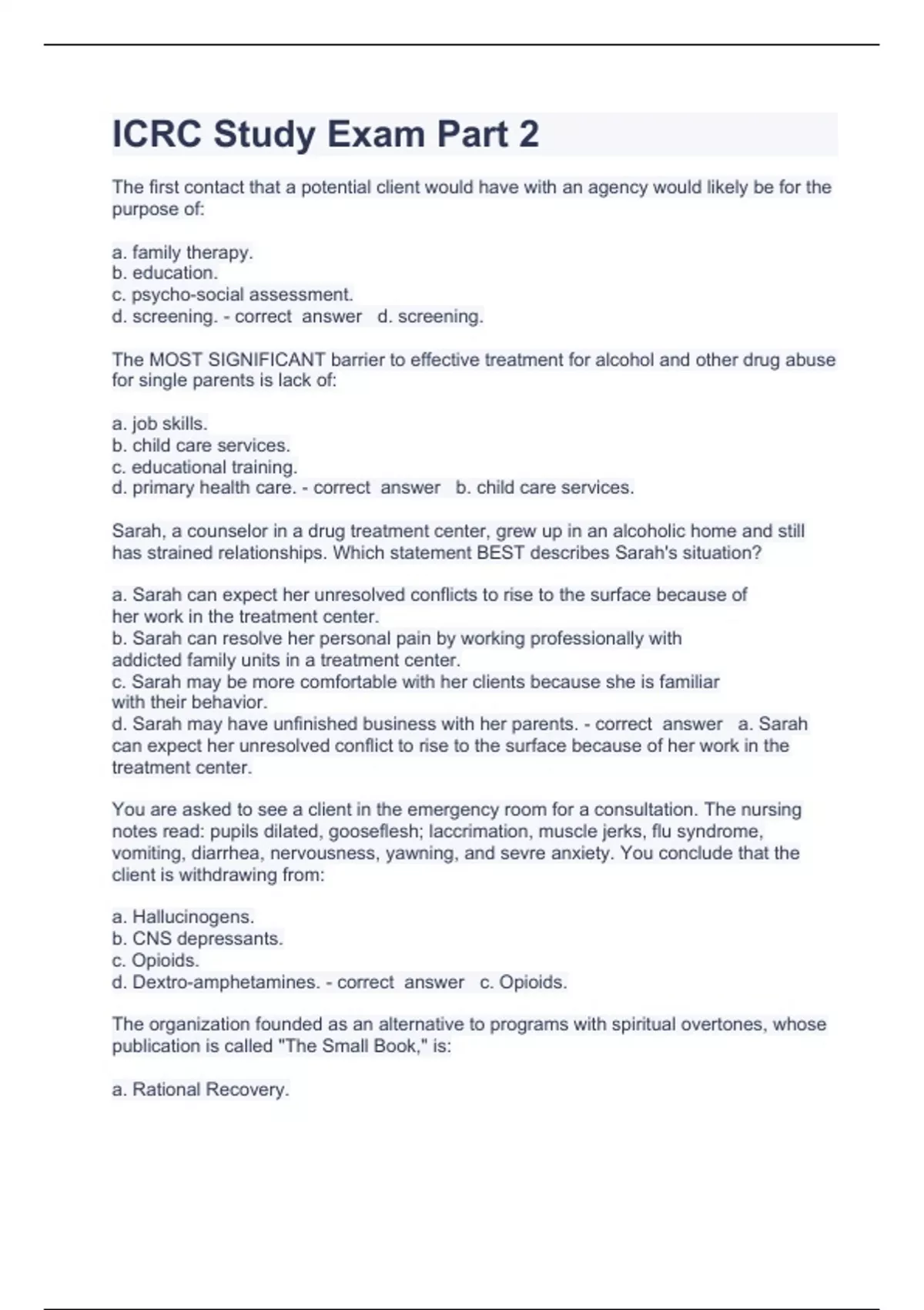 ICRC Study Exam Part 2 Question and answers correctly solved 2023/2024 - ICRC - Stuvia US