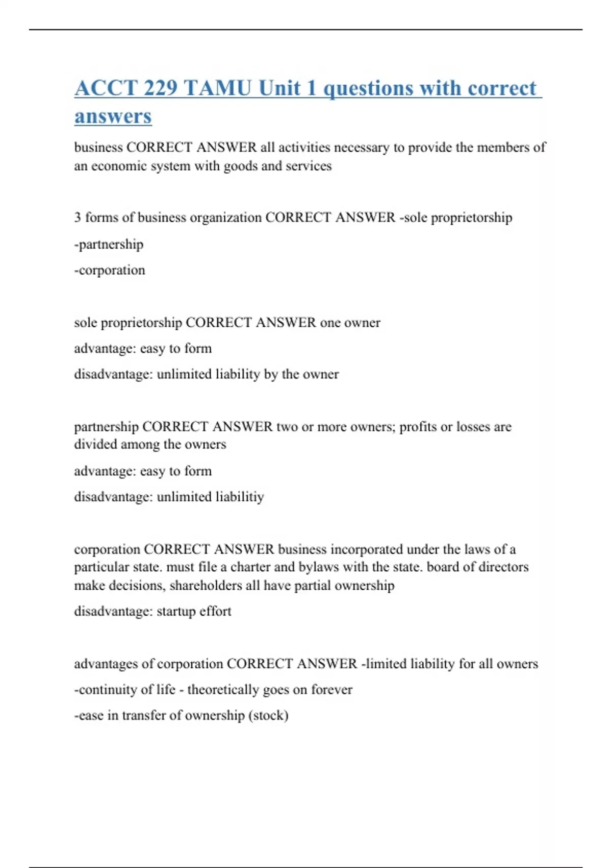 ACCT 229 TAMU Unit 1 questions with correct answers - ACCT 521 - Stuvia US