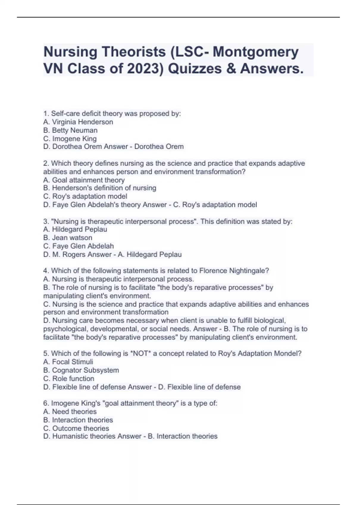 Nursing Theorists (LSC- Montgomery VN Class of 2023) Quizzes & Answers ...