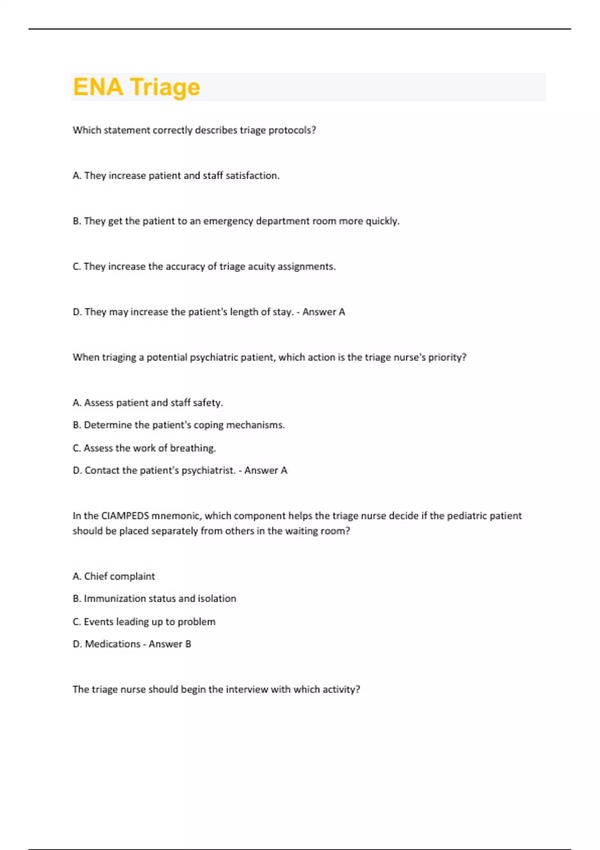 ENA Triage Questions and Answers(A+ Solution guide) - ENA Triage - Stuvia US