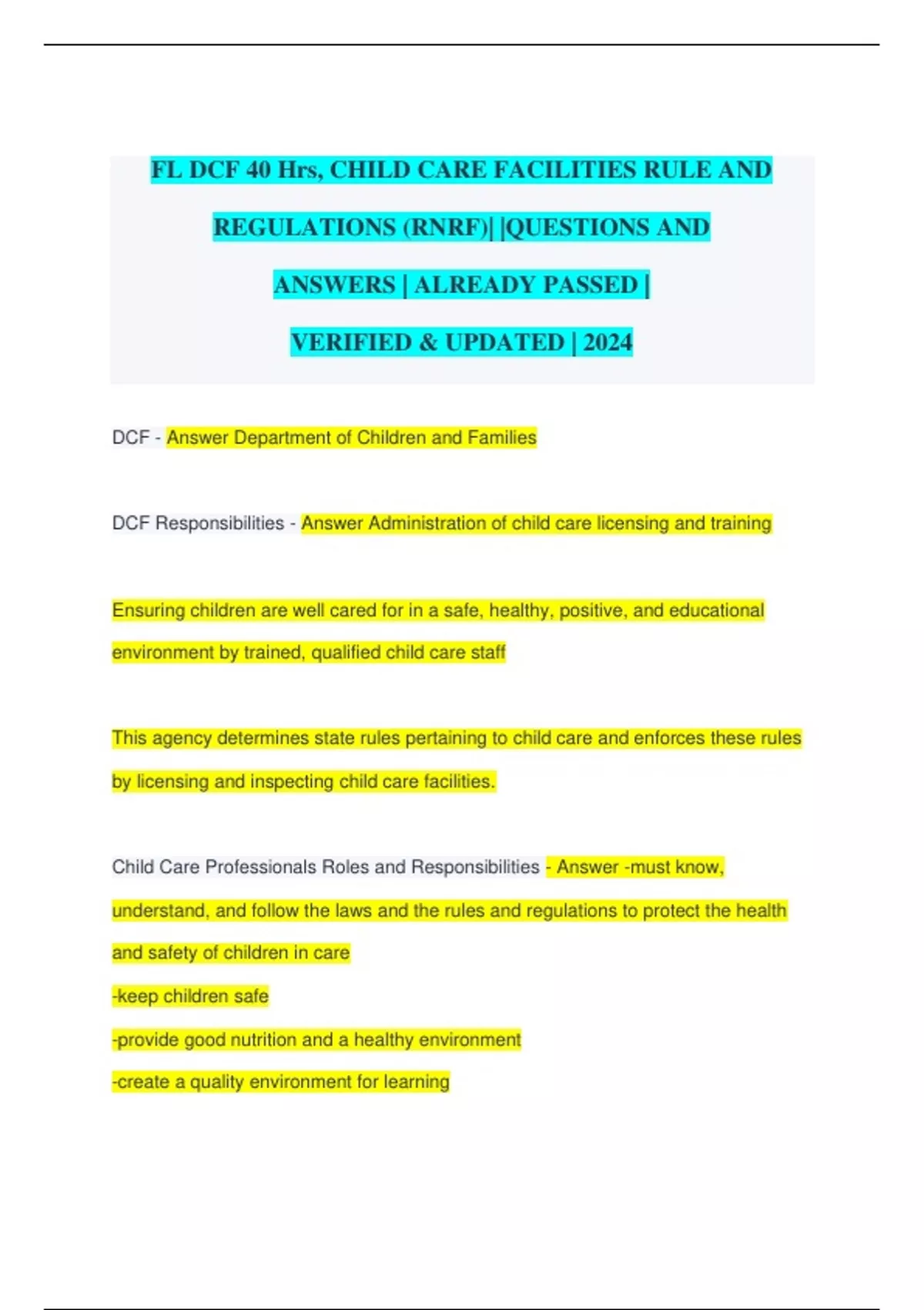 FL DCF 40 Hrs, CHILD CARE FACILITIES RULE AND REGULATIONS (RNRF)| |QUESTIONS AND ANSWERS ...