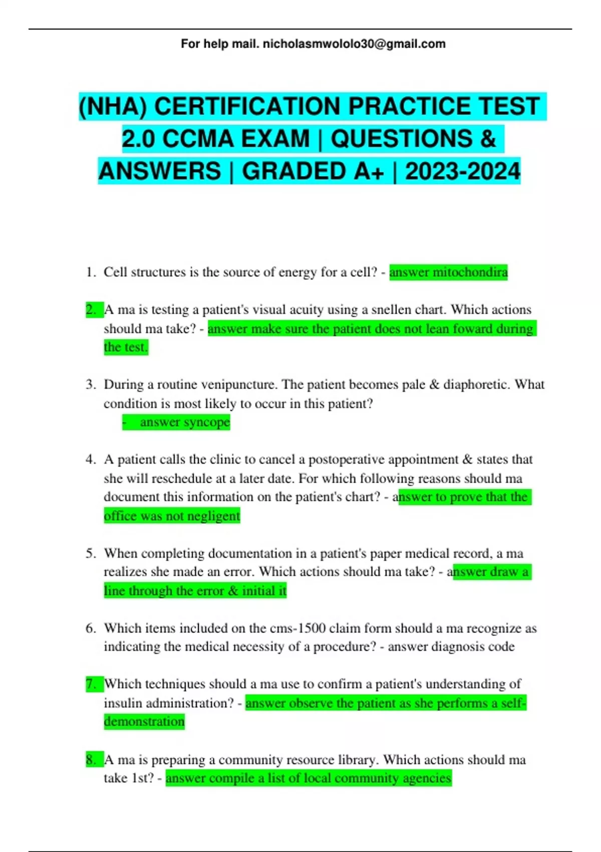 (NHA) CERTIFICATION PRACTICE TEST 2.0 CCMA EXAM | QUESTIONS & ANSWERS ...